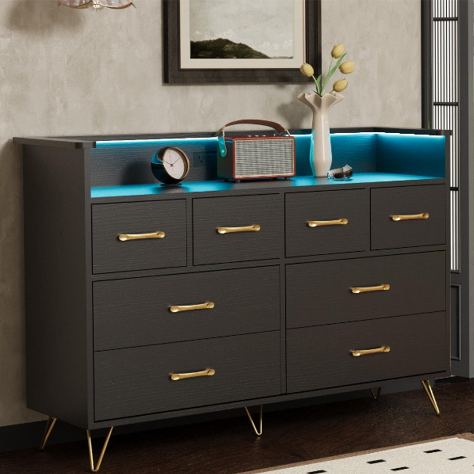 Black Black Dresser for Bedroom with LED Light & Charging Station, 8 ...