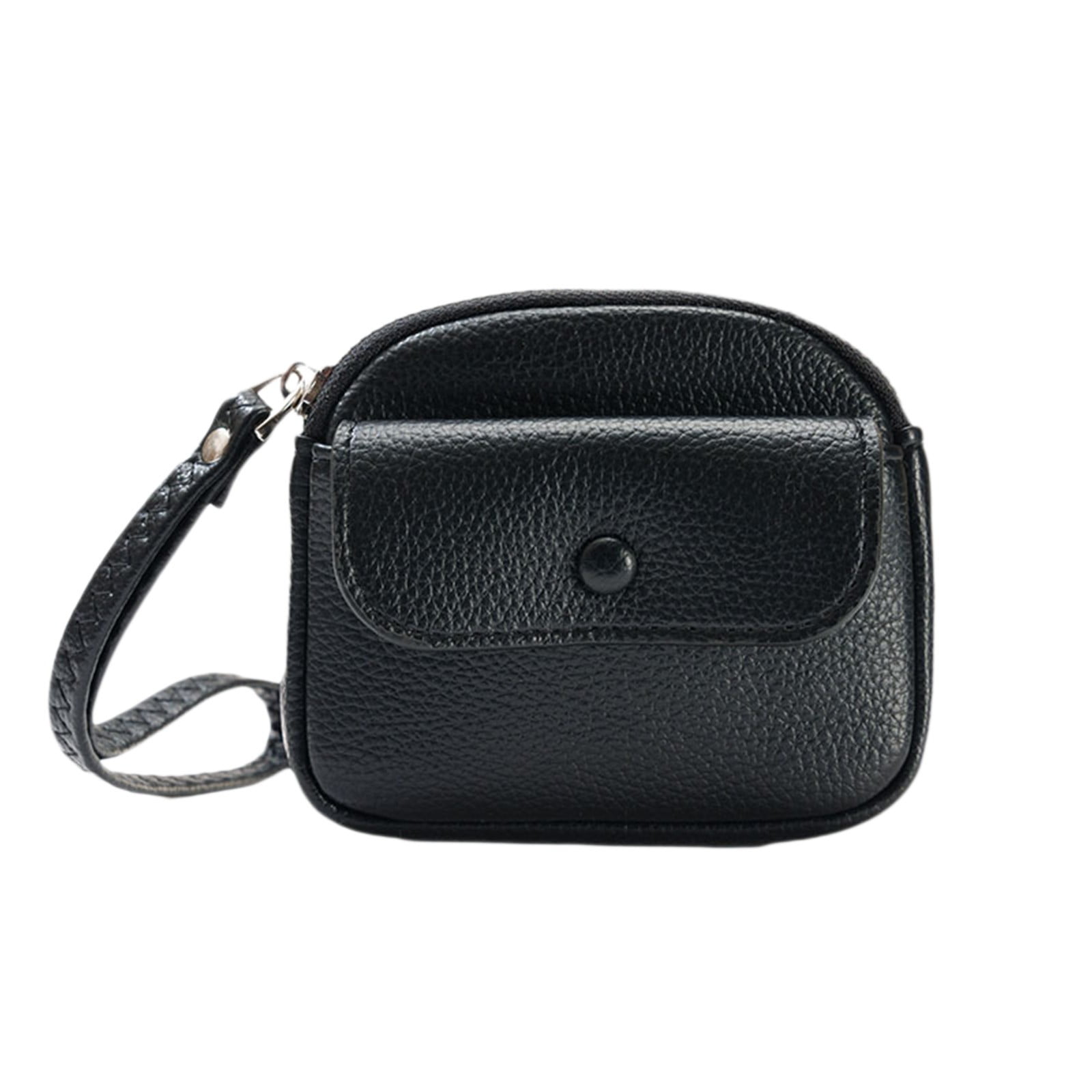 Black Black Leather Coin Purse With Zipper Wrist Strap Portable Mini ...