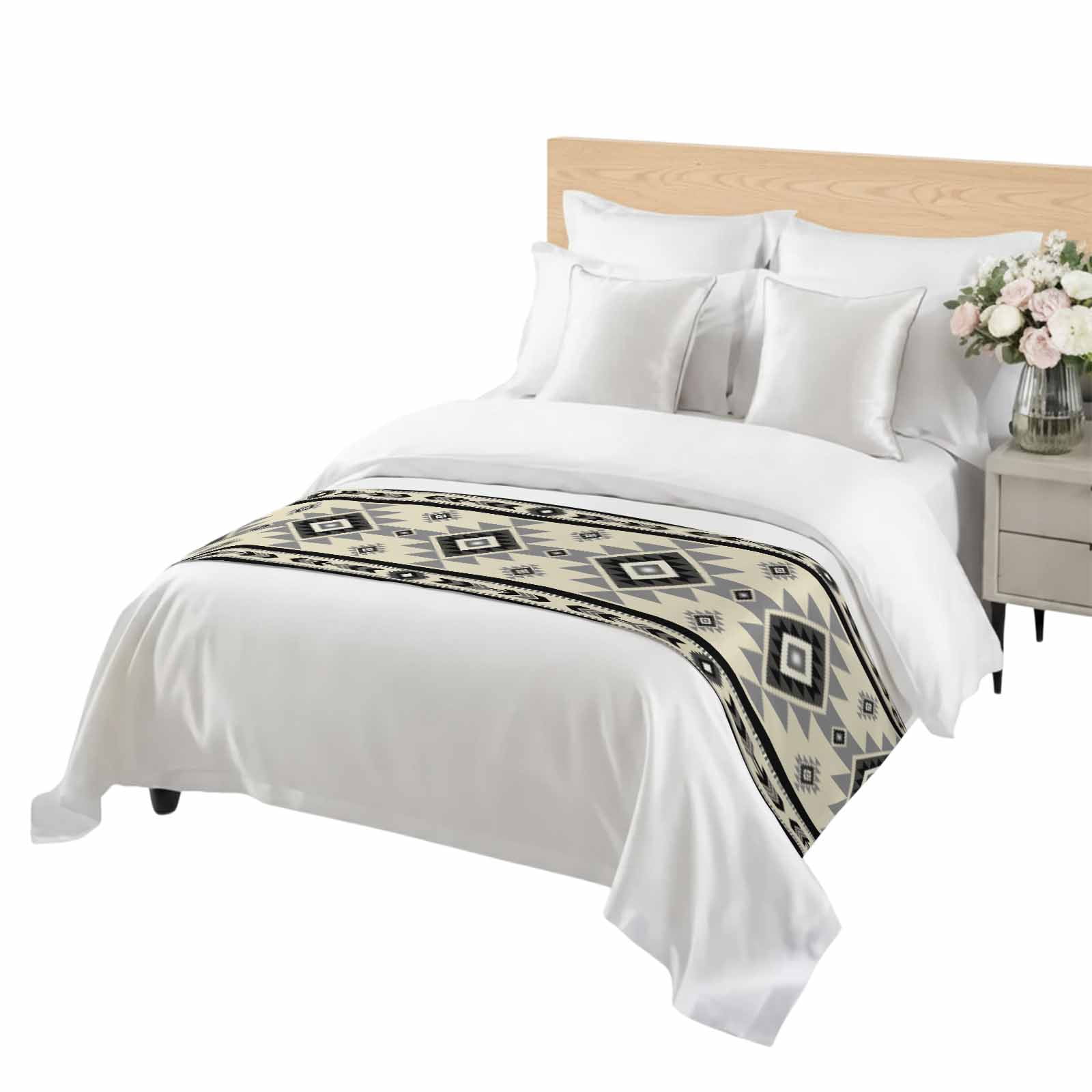 Black Black Pattern Bed Runner Twin Size Retro Bohemian Square Abstract ...