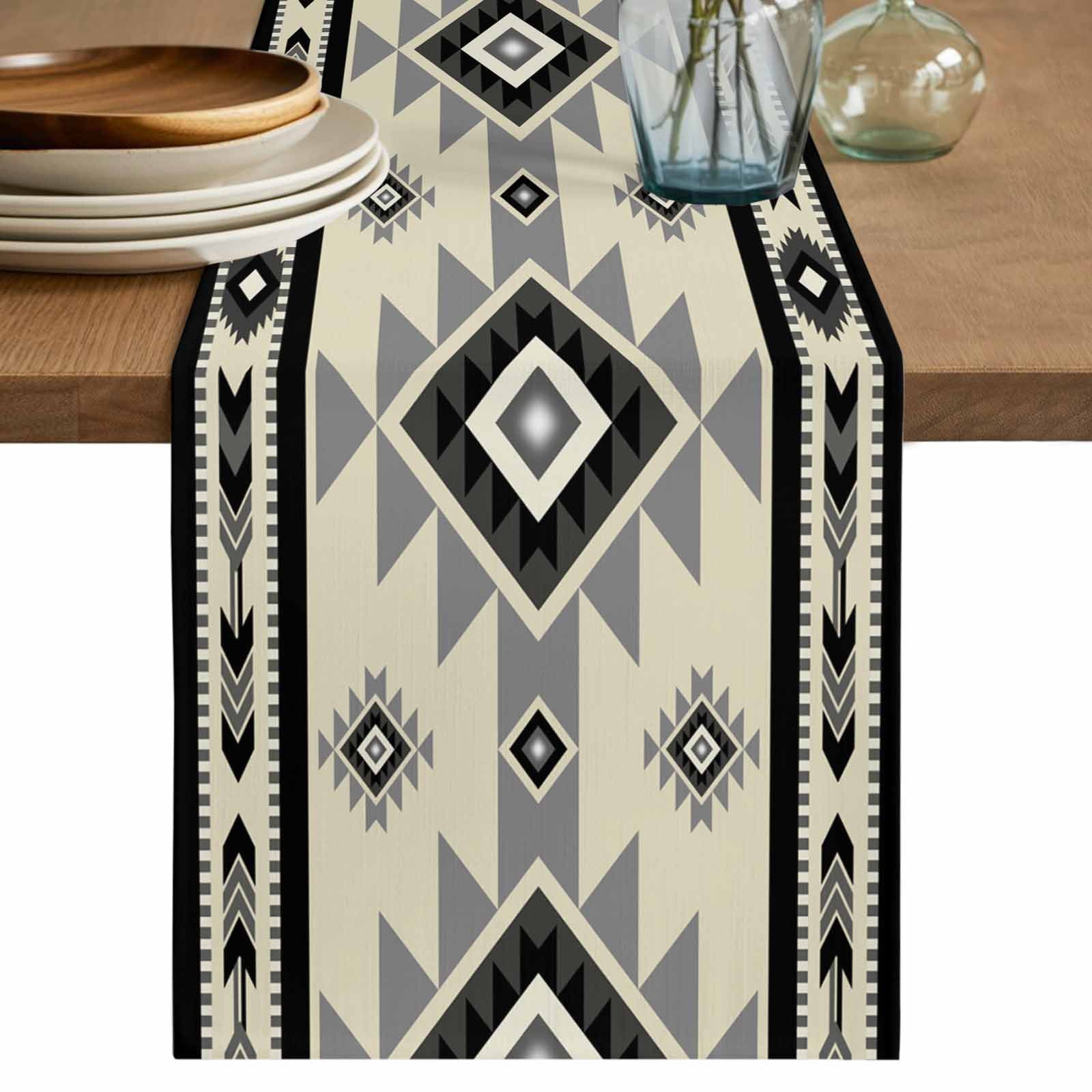 Black Black Pattern Table Runner, Retro Bohemian Square Abstract ...