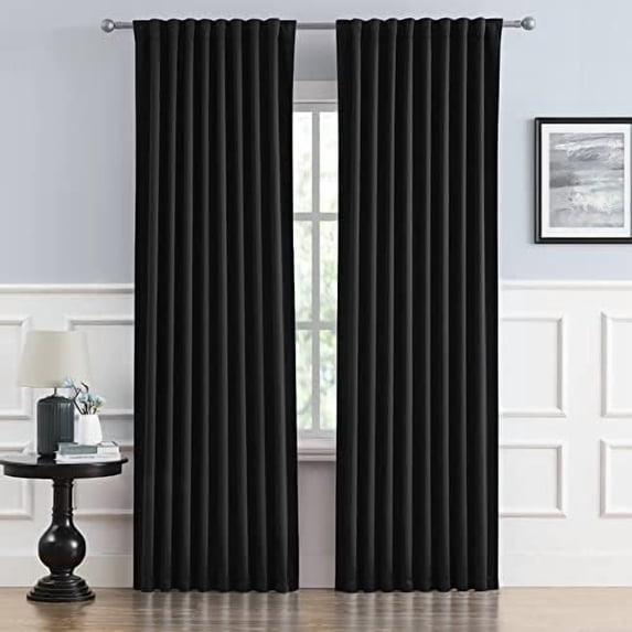 Black Blackout Curtains 92 Inch Long for Bedroom, Back Tab and Rod ...