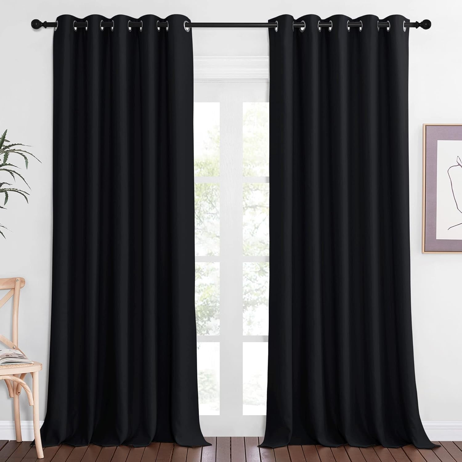 Black Blackout Living Room Curtain 102 inches Long, Grommet Thermal ...