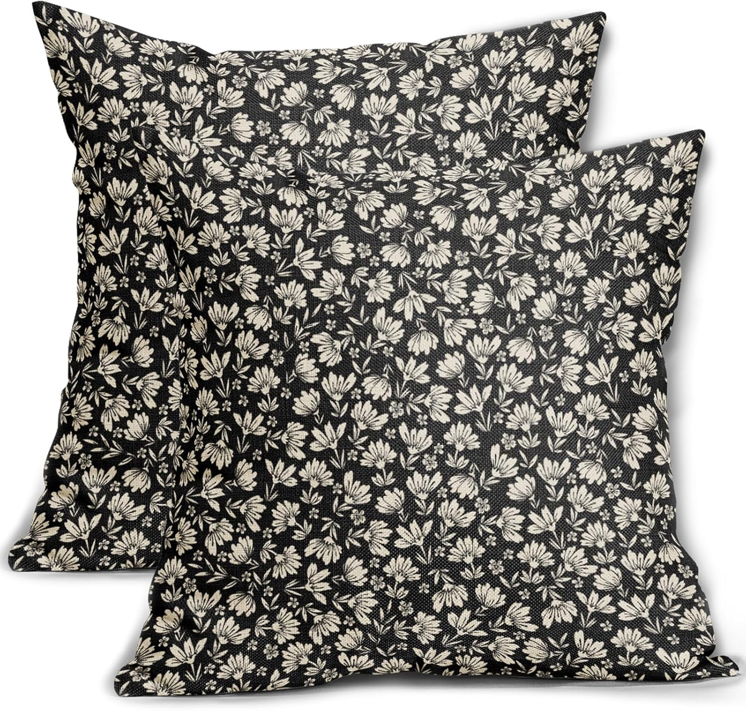 Black Block Print Pillow Covers 16x16 Inch Set of 2, Rustic Cottage Style Cream Floral ...
