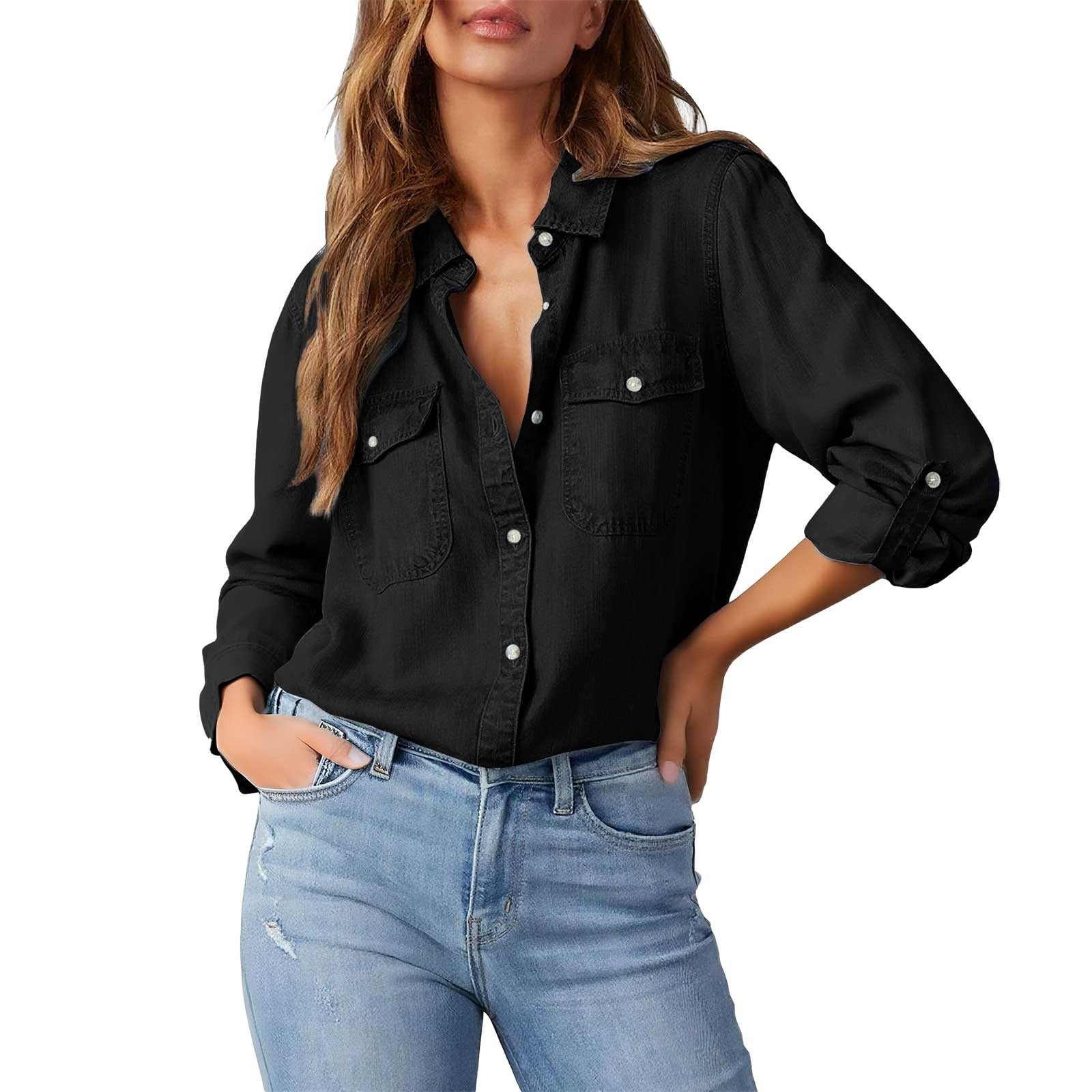 Black Blouse for Women Fashion Autumn Solid Color Casual Collar Single ...