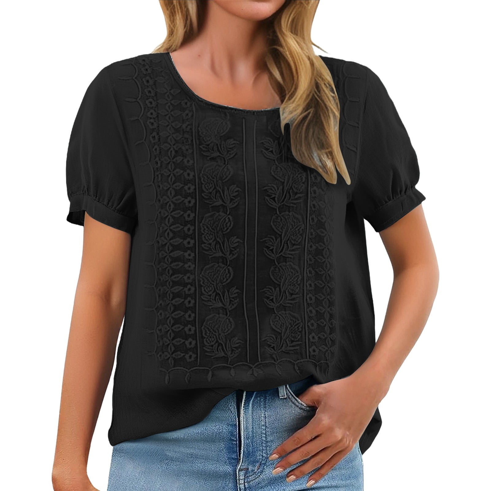 Black Blouse for Women Fashion able Casual Solid Color Pleated Cotton ...