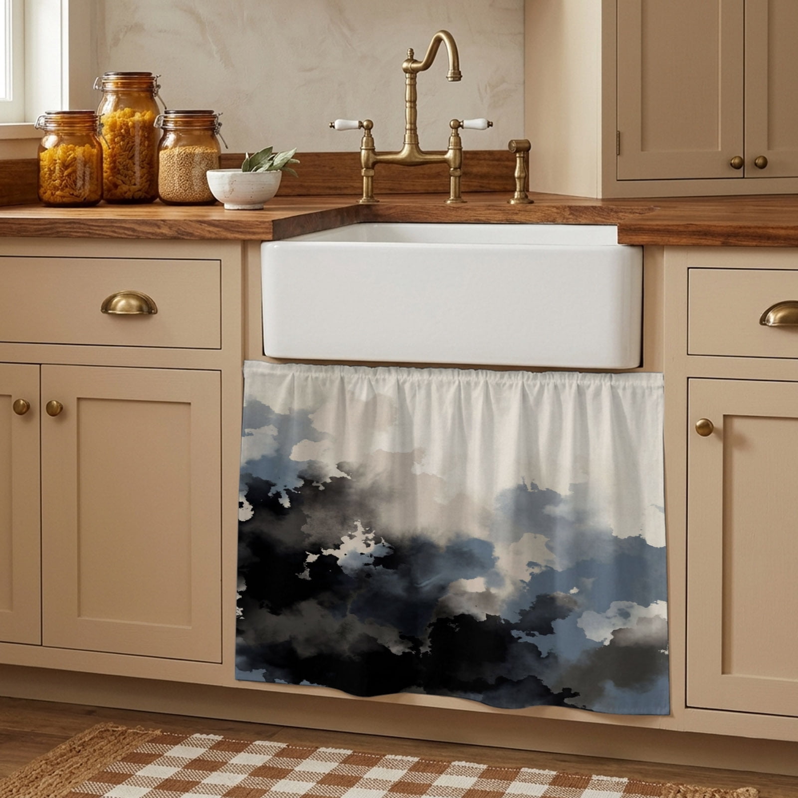 Black Blue Beige Cabinet Curtains 28"W x 35L, Modern Oil Painting Art ...