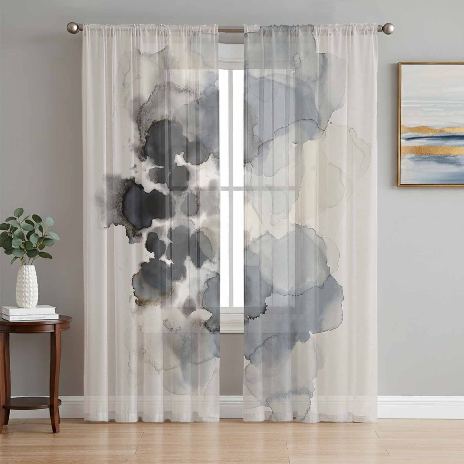 Black Blue Beige Sheer Curtains for Living Room Bedroom Ink Wash ...