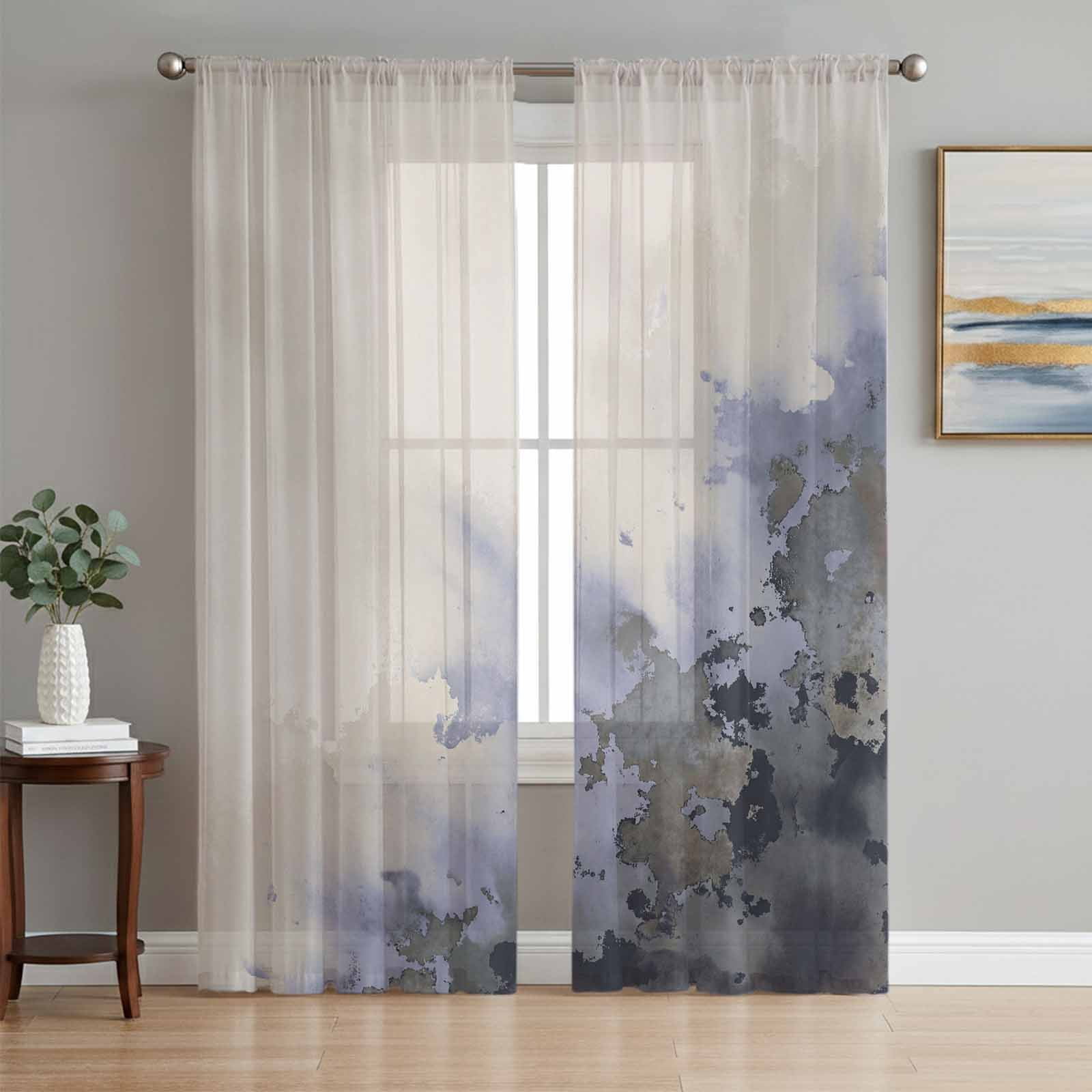 Black Blue Beige Sheer Curtains for Living Room Bedroom Modern Ink Wash ...