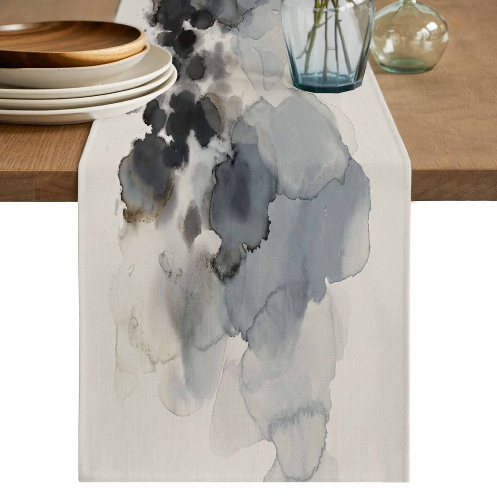 Black Blue Beige Table Runner 48 Inches, Ink Wash Painting Abstract Art ...