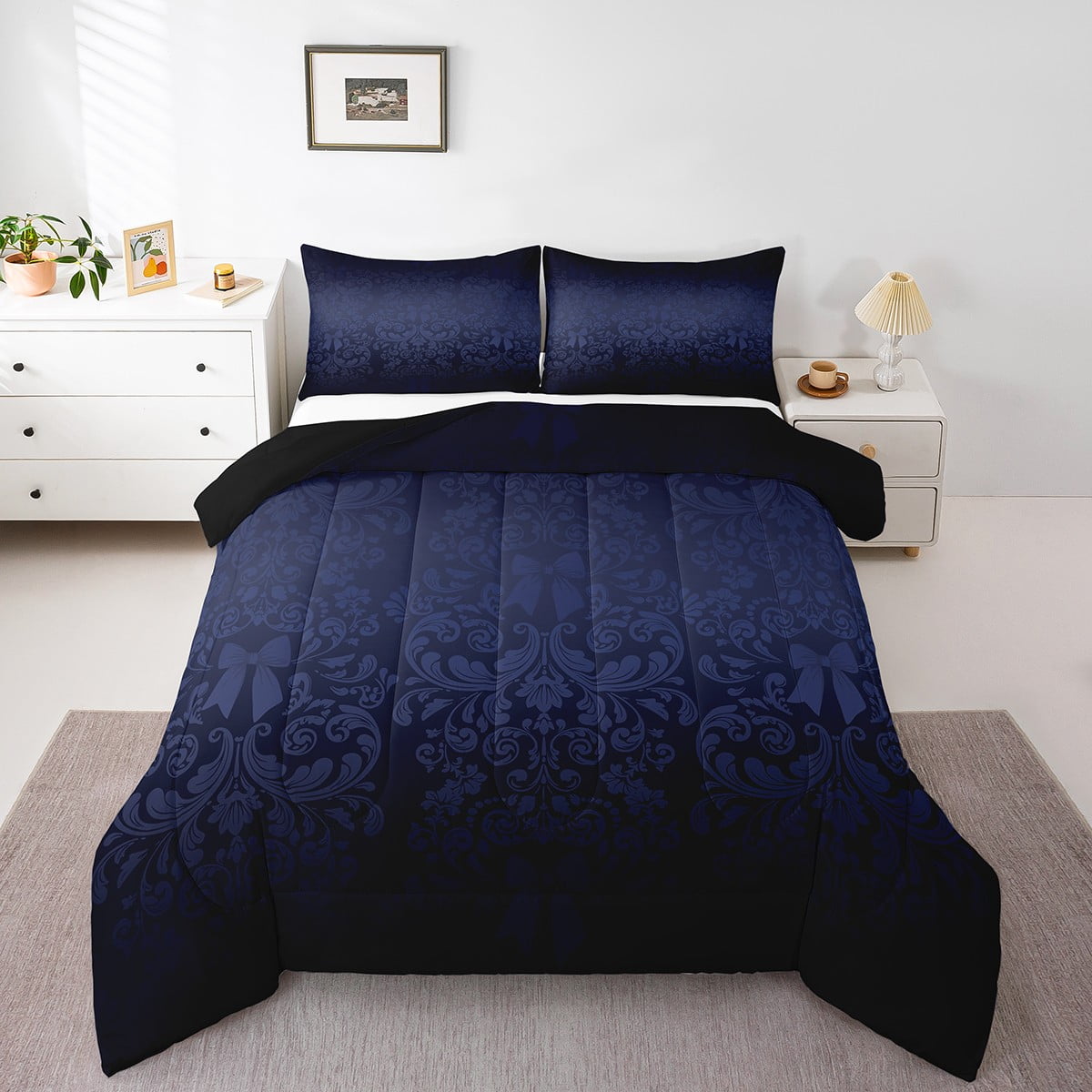 Black Blue Bow Knot Comforter Set Antique Victorian Damask Bed Set ...