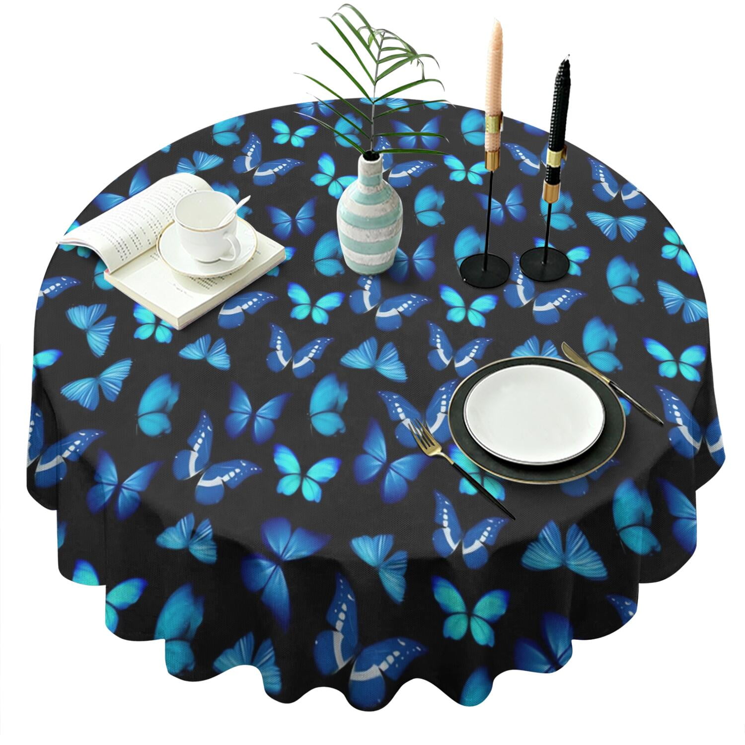 Black Blue Butterfly Pattern Round Tablecloth 60"x60",Wrinkle Wipeable ...