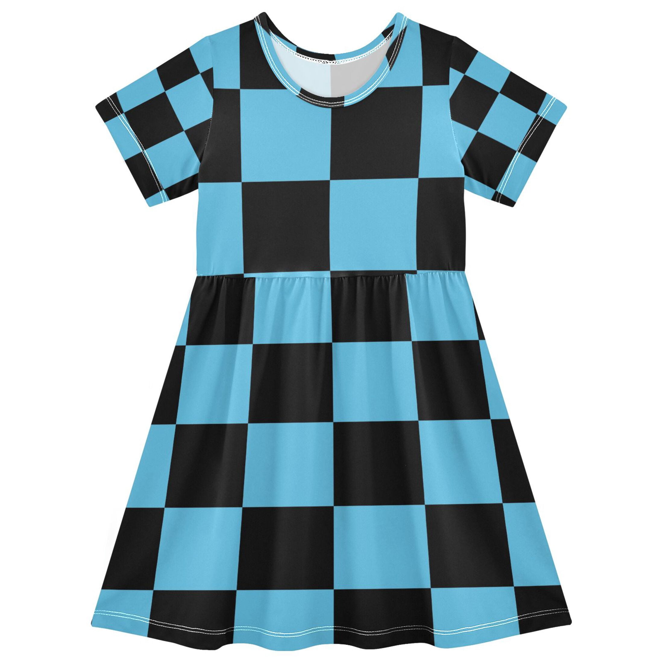 Black Blue Checked Pattern Girls Short Sleeve Dress A Line Sun ...