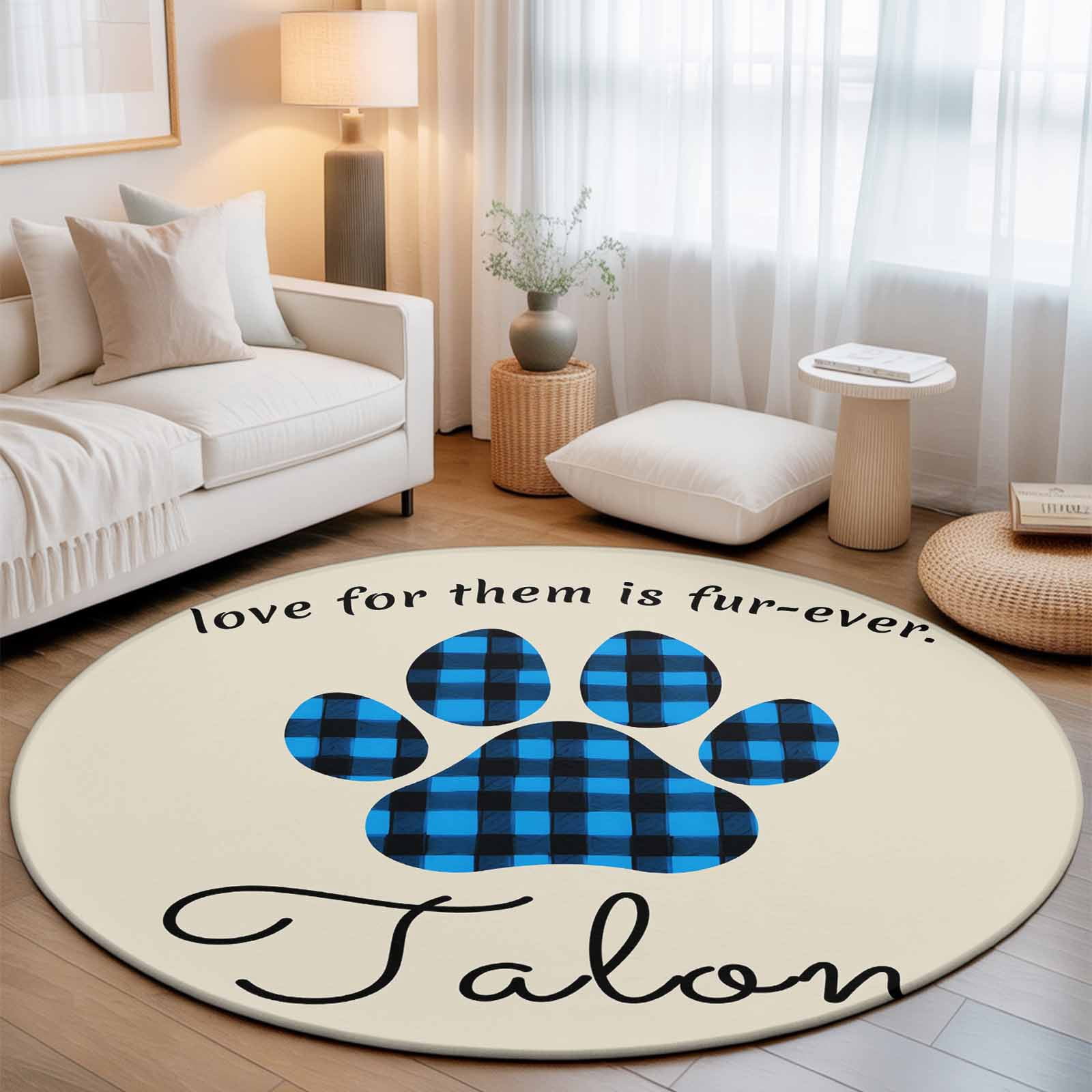 Black and Blue Checkered Plaid Cat Paw Round Rug 5ft Prints on Linen ...