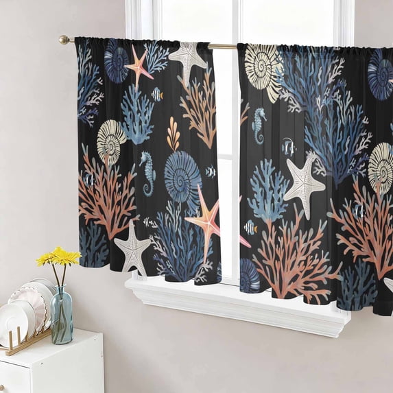 Black Blue Coastal Sheer Curtains 45 Inch Length 2 Panels Set, Summer ...