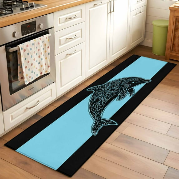 Black Blue Dolphin 2x6 Kitchen Runner Rug, Summer Beach Coastal Modern ...