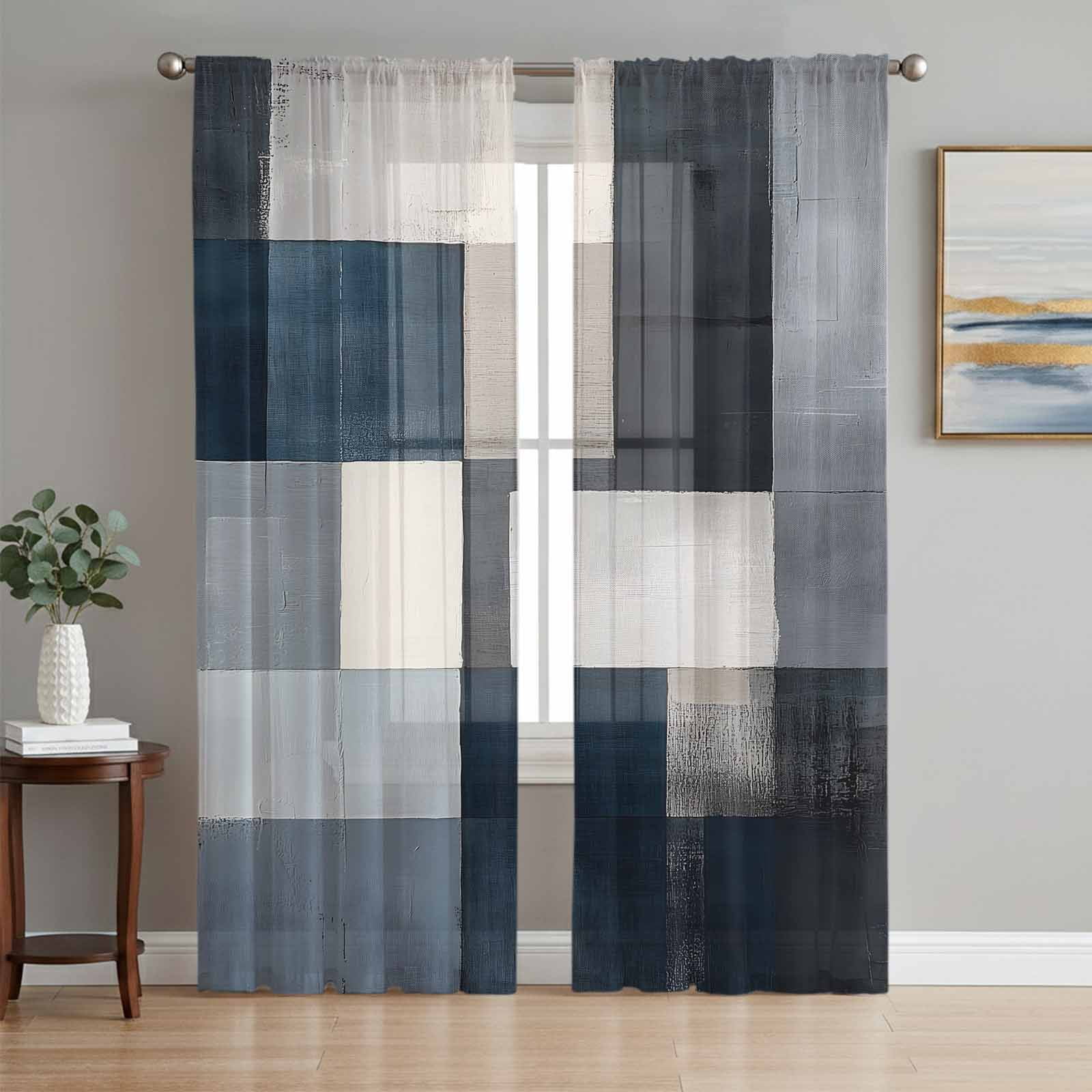 Black Blue Geometric Sheer Curtains 63 Inch Length 2 Panels Set ...