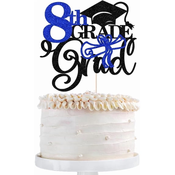 Black Blue Glitter 8th Grade Grad Cake Topper with Grad Cap & Diploma ...