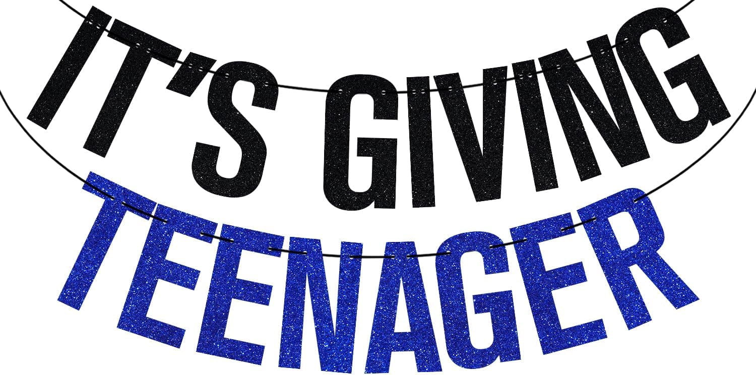 Black & Blue Glitter "It's Giving Teenager" Banner, 13th Birthday Party ...