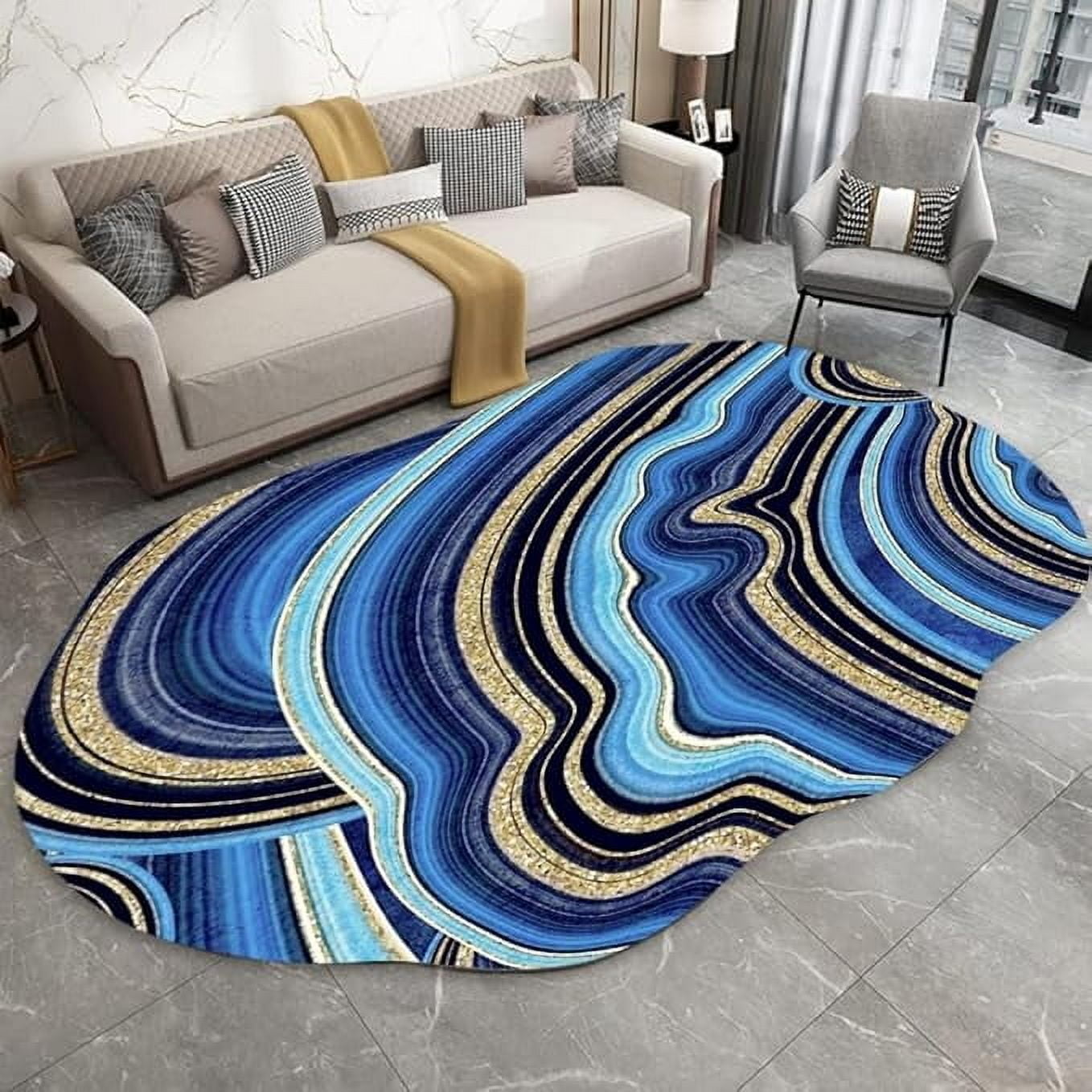 Black Blue Gold Marble Striped Modern Abstract Area Rugs Washable Soft ...
