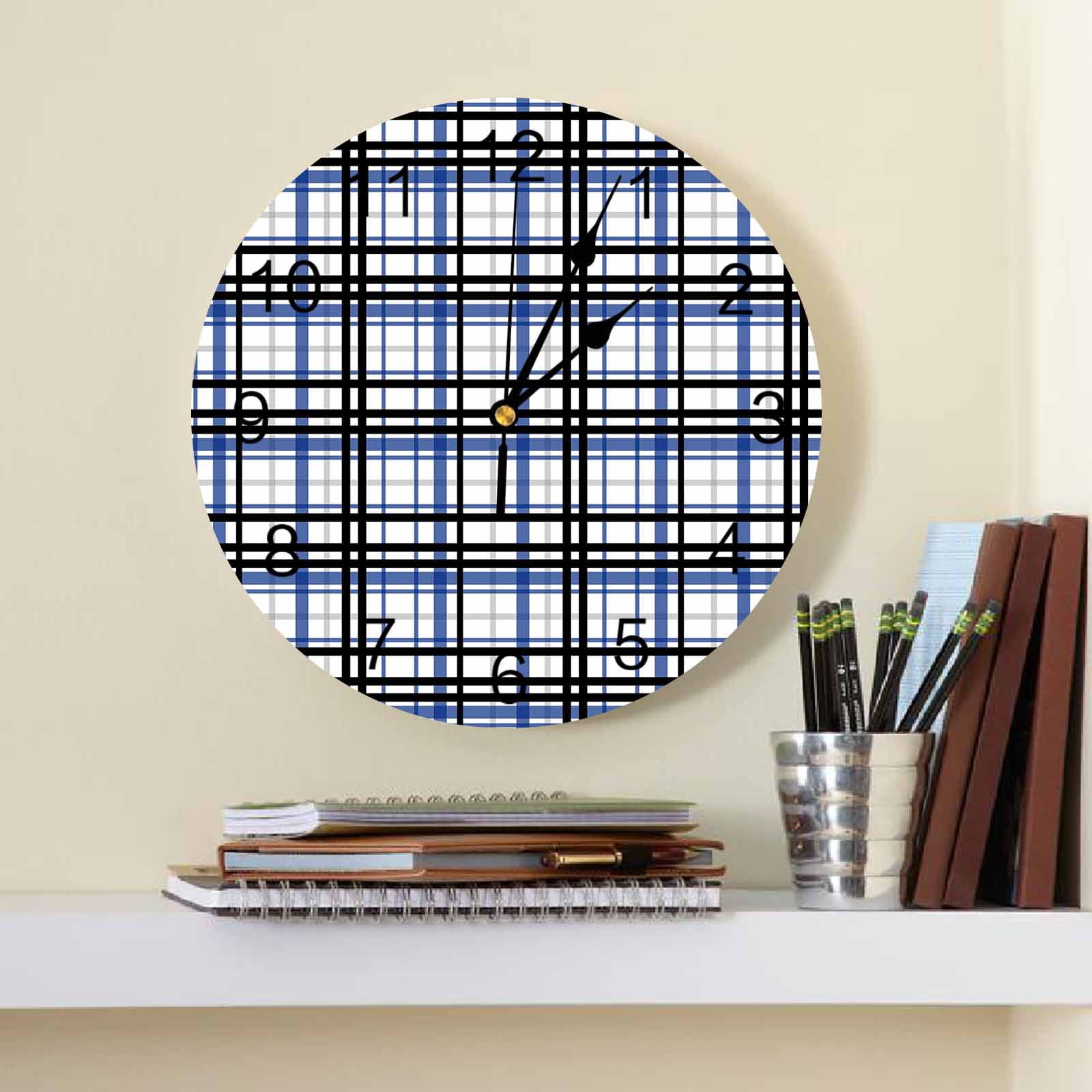 Black Blue Gray Striped Grid Wall Clock Large Modern Kitch Dinning ...