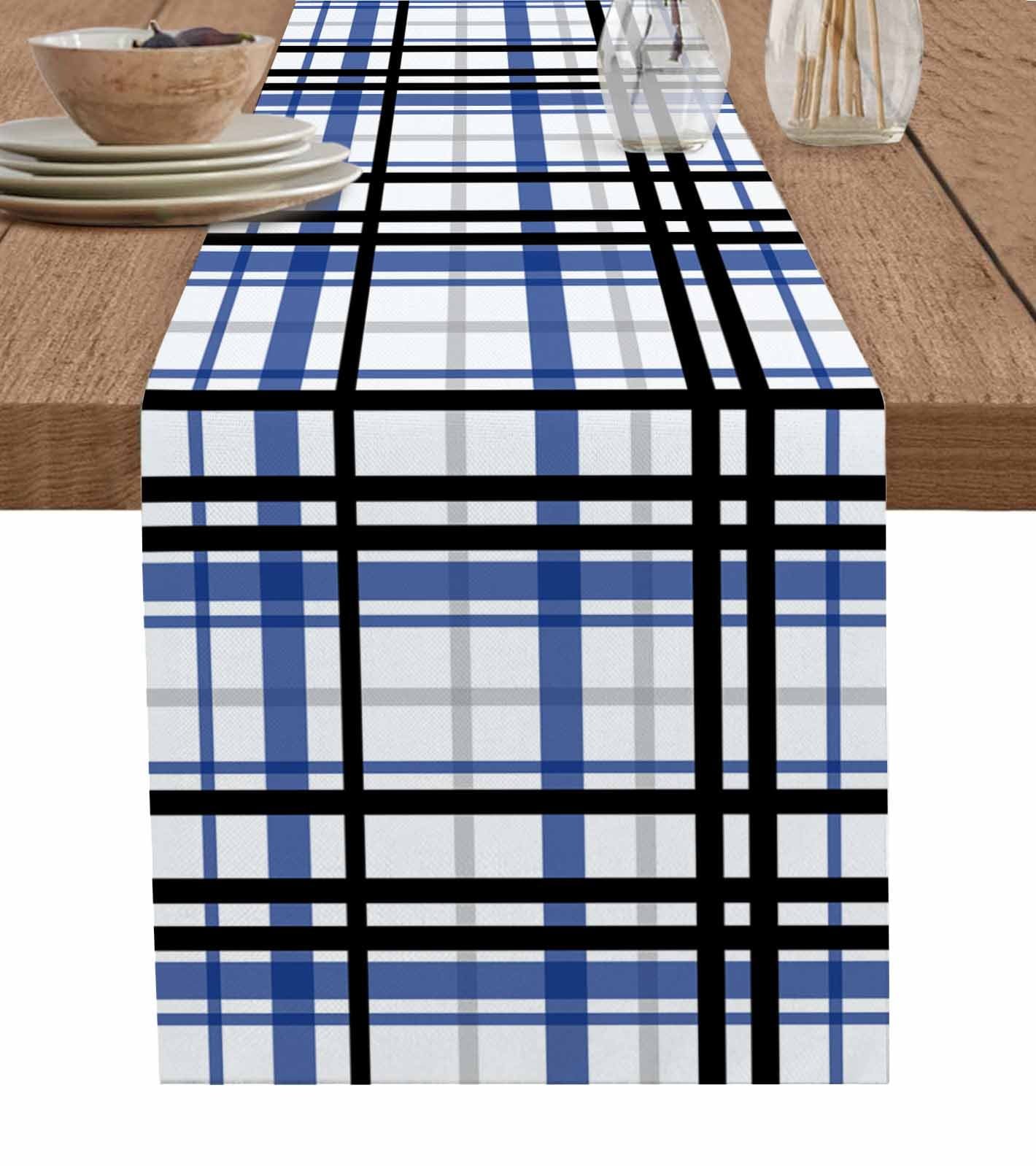 Black Blue Grey Plaid Burlap-Cotton Table Runner 108 Inches Long,Simple ...