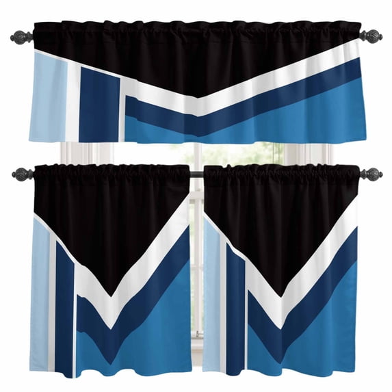 Black Blue Lines Kitchen Curtains Set for Windows, Geometric Abstract ...