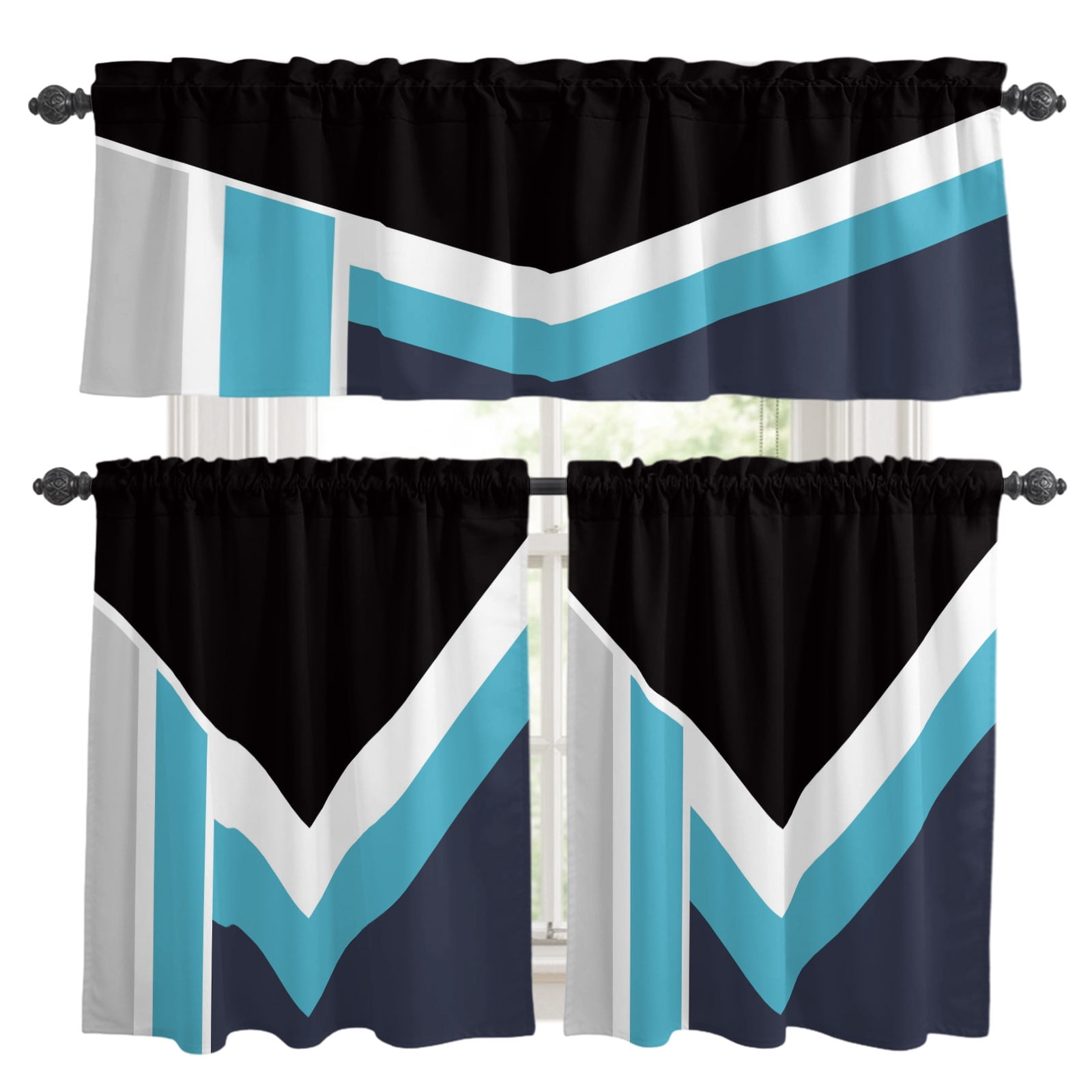 Black Blue Lines Kitchen Curtains Set for Windows, Geometric Abstract ...