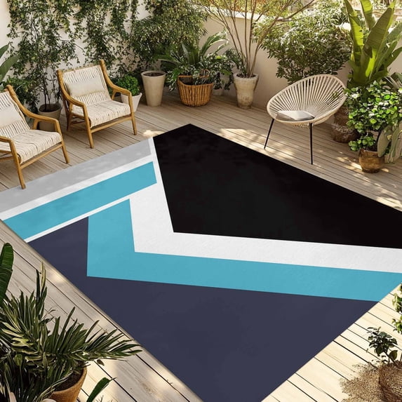Black Blue Lines Outdoor Rug, Geometric Abstract Black White Blue ...