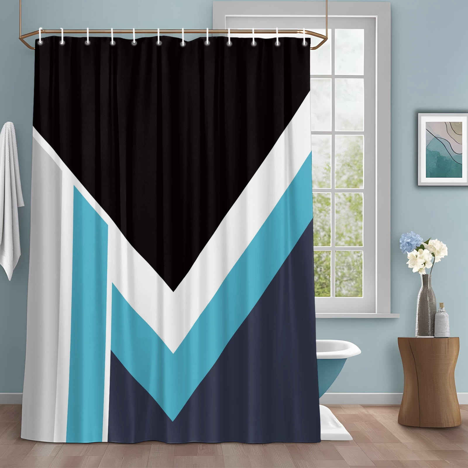 Black Blue Lines Shower Curtain with Hooks, Geometric Abstract Black ...