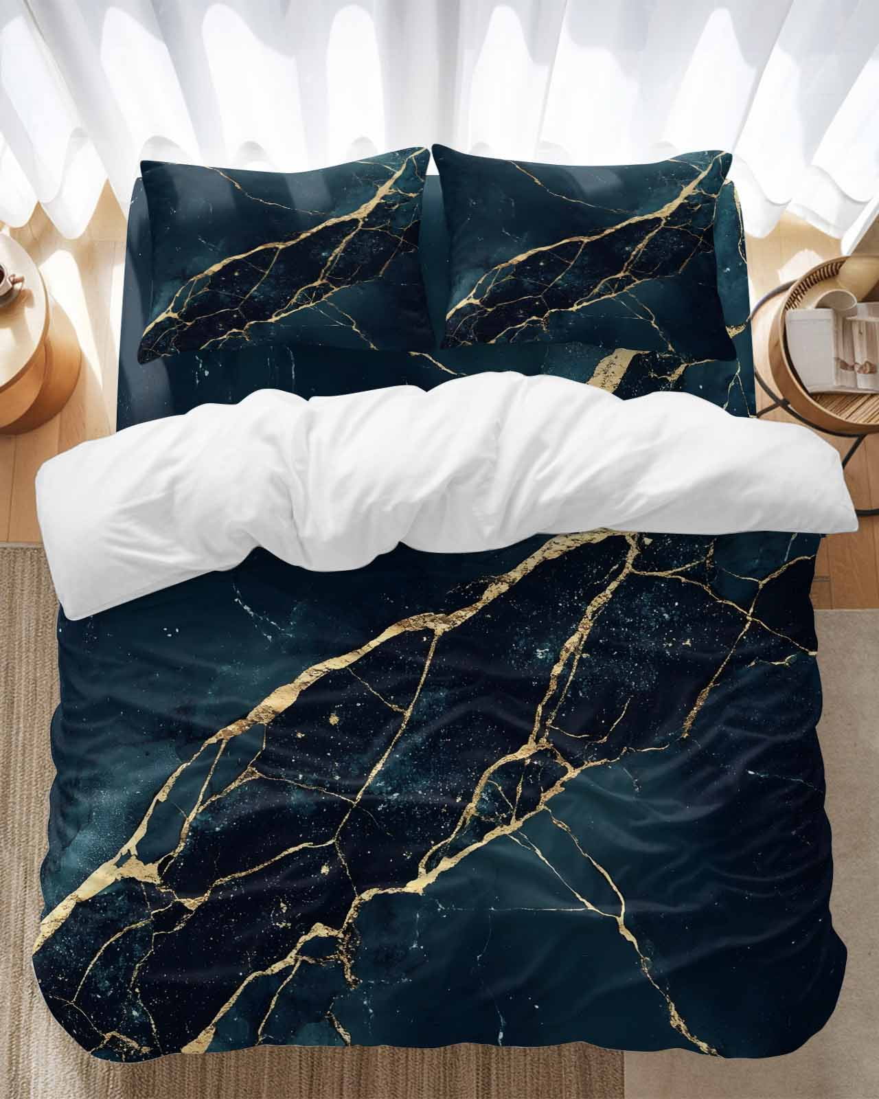 Black Blue Marble Bedding Duvet Cover Set Twin Size 4 Pieces Modern Art ...