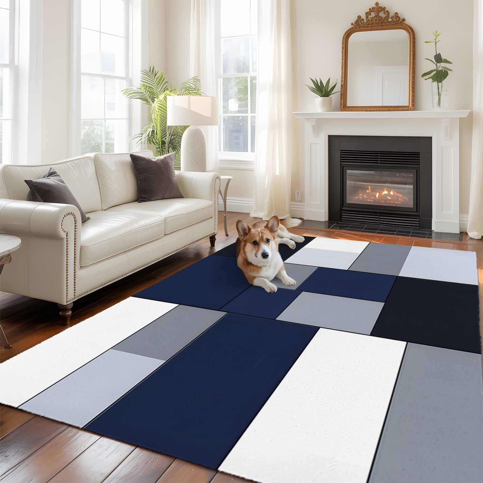 Black Blue Patchwork Area Rugs 5x7 ft Abstract Geometric Art Washable ...