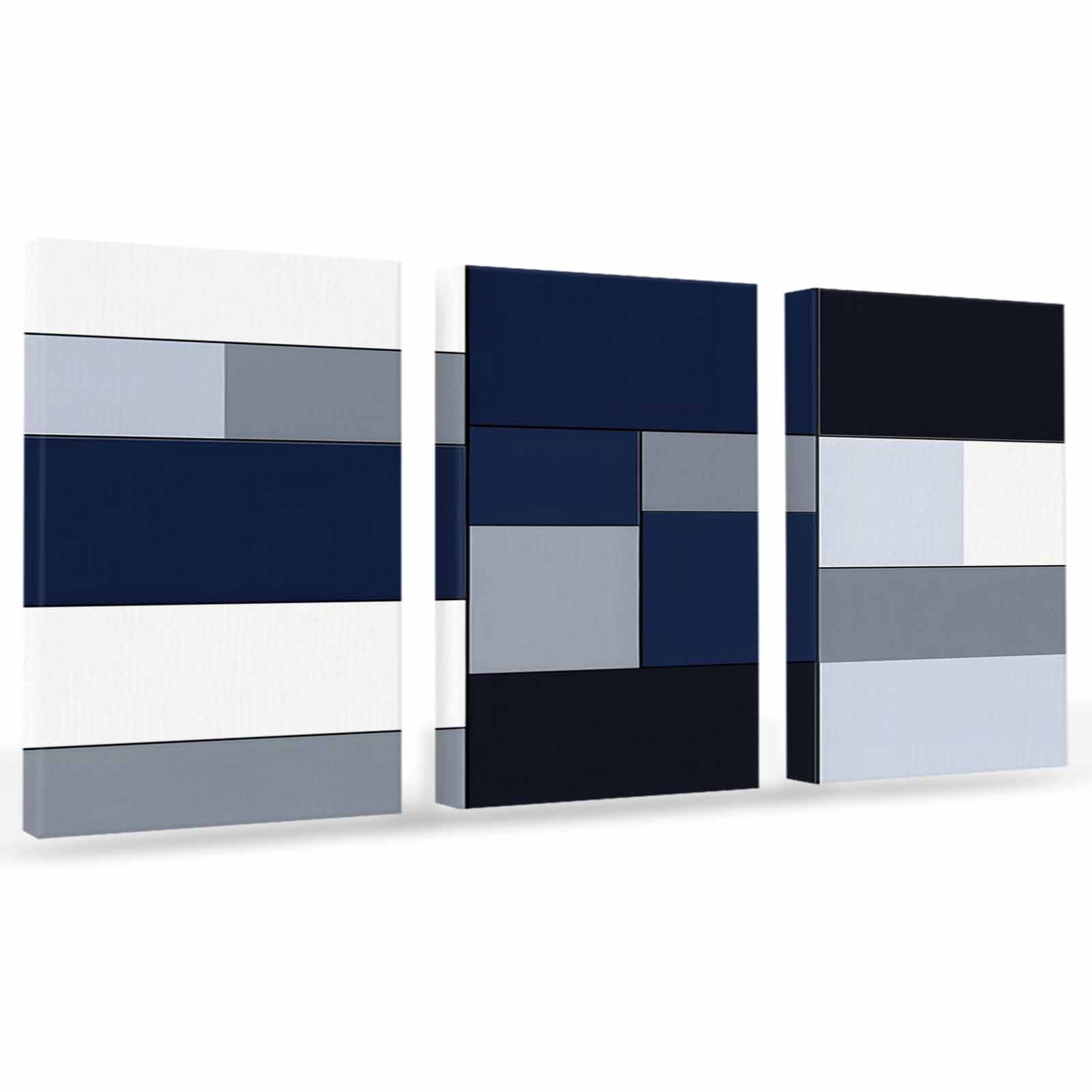 Black Blue Patchwork Canvas Wall Art 3 Panels, Abstract Geometric Art ...