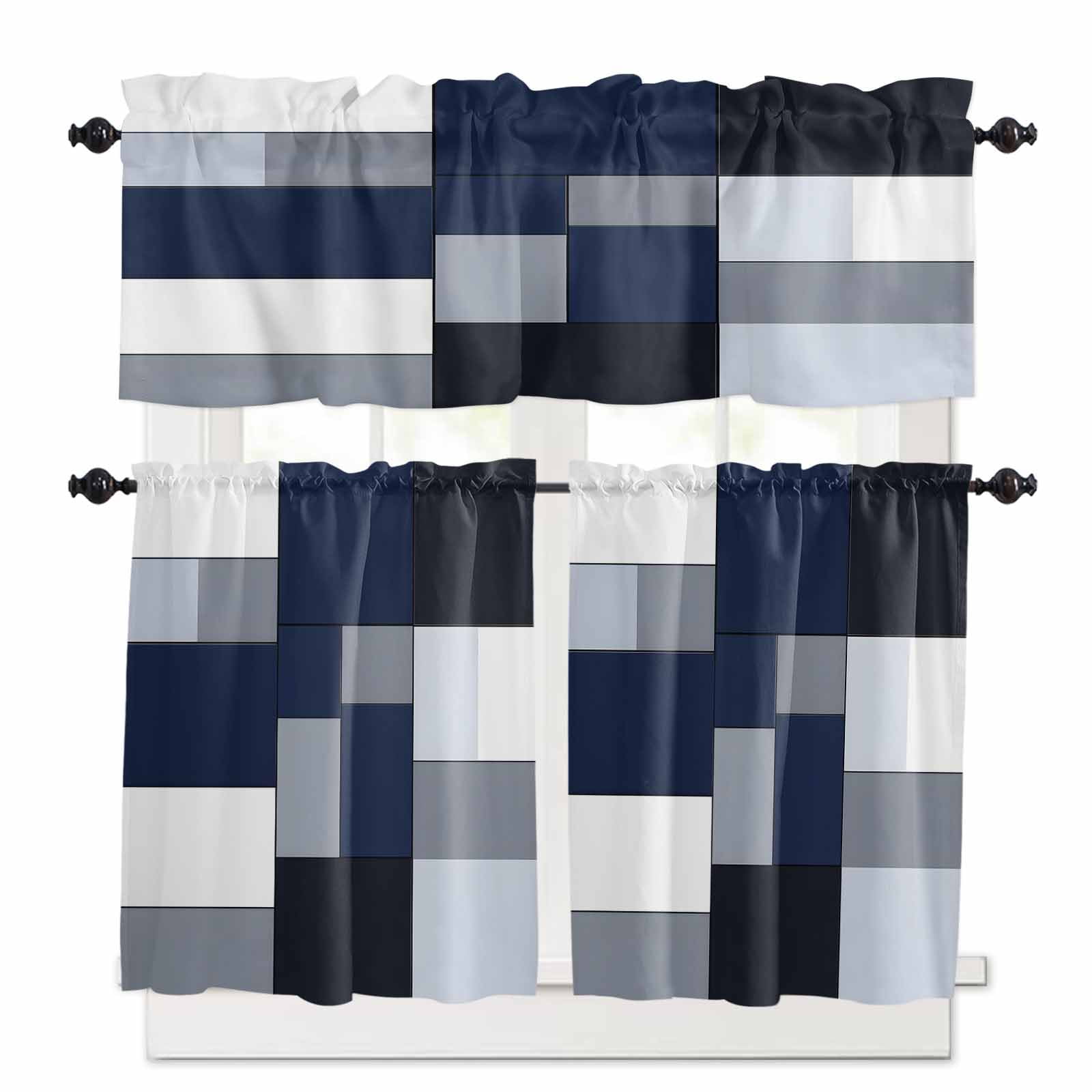 Black Blue Patchwork Kitchen Curtains and Valances Set, Abstract ...