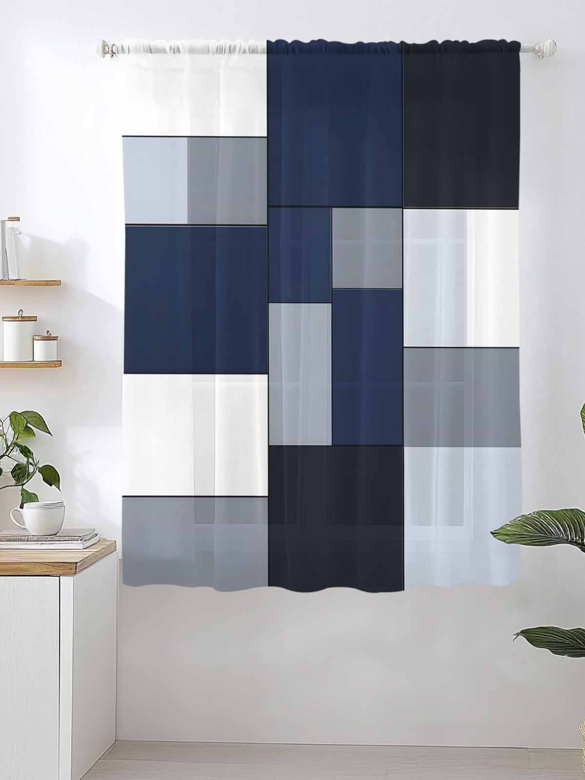 Black Blue Patchwork Sheer Curtains 63 Inch Long 1 Panel Abstract ...