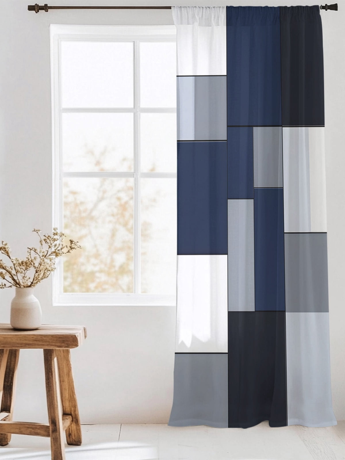 Black Blue Patchwork Sheer Curtains 96 Inch Long 1 Panel Abstract ...