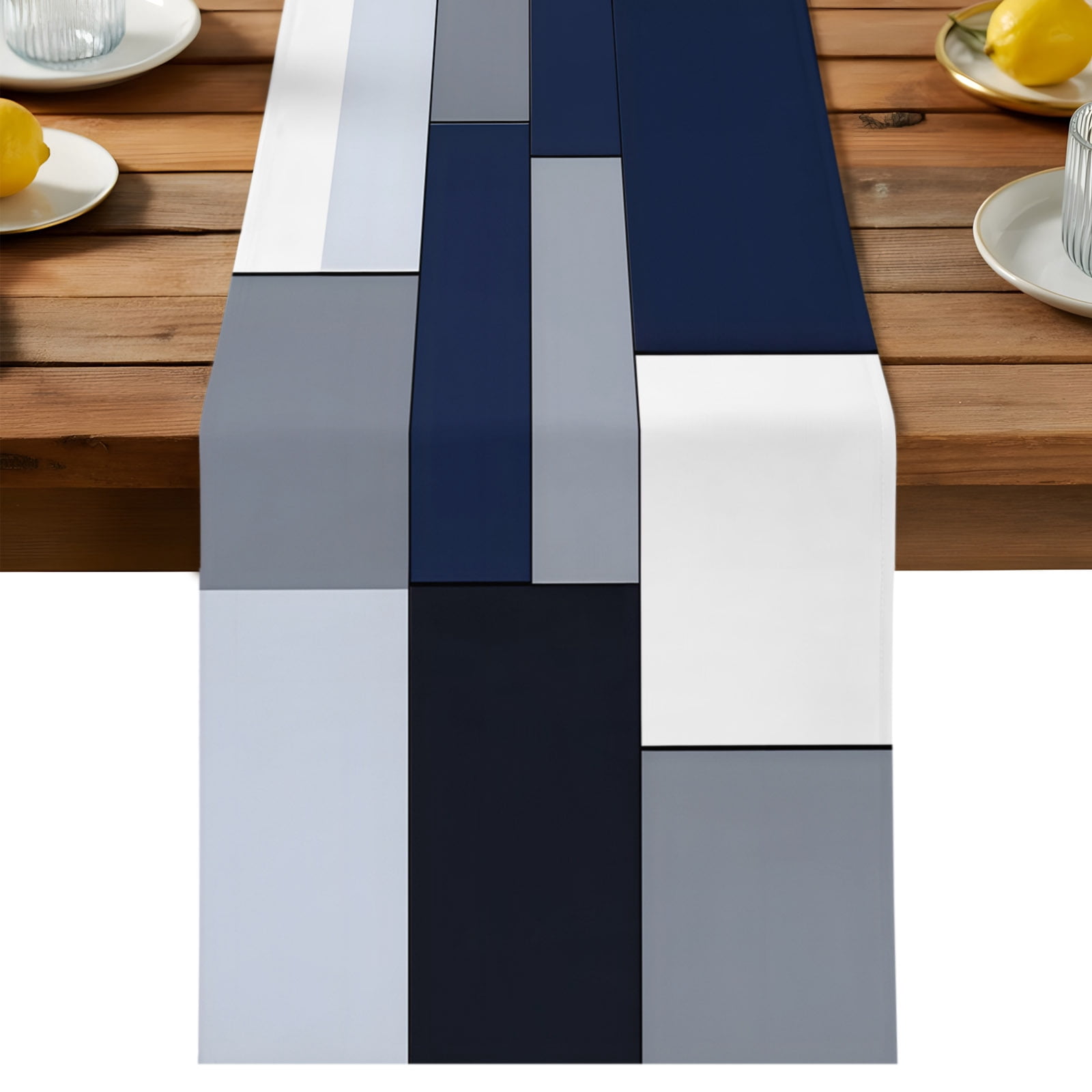 Black Blue Patchwork Table Runner, Abstract Geometric Art Cotton Linen ...