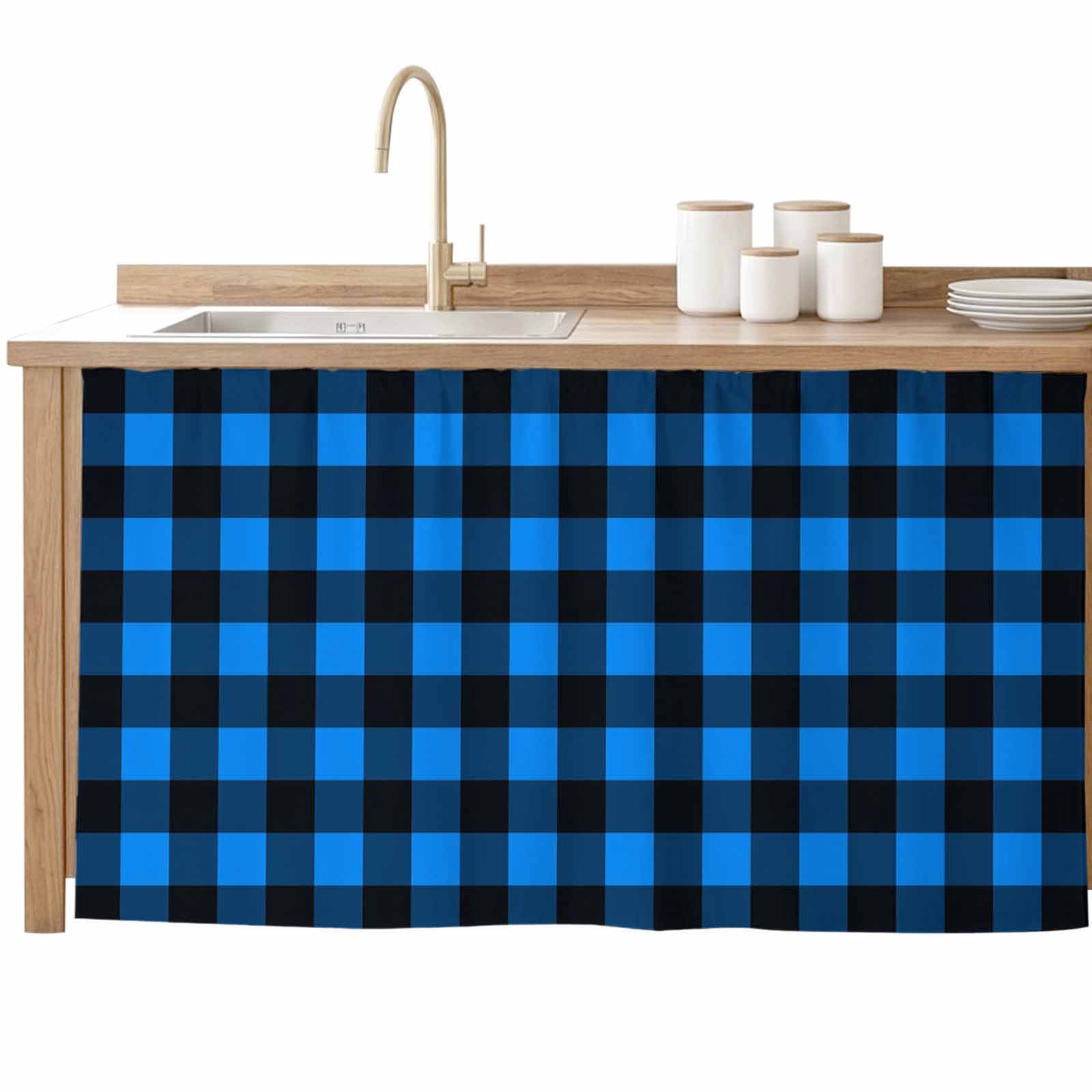 Black Blue Plaid Cabinet Curtains 28"W x 51"L,Dustproof Sink Skirt ...