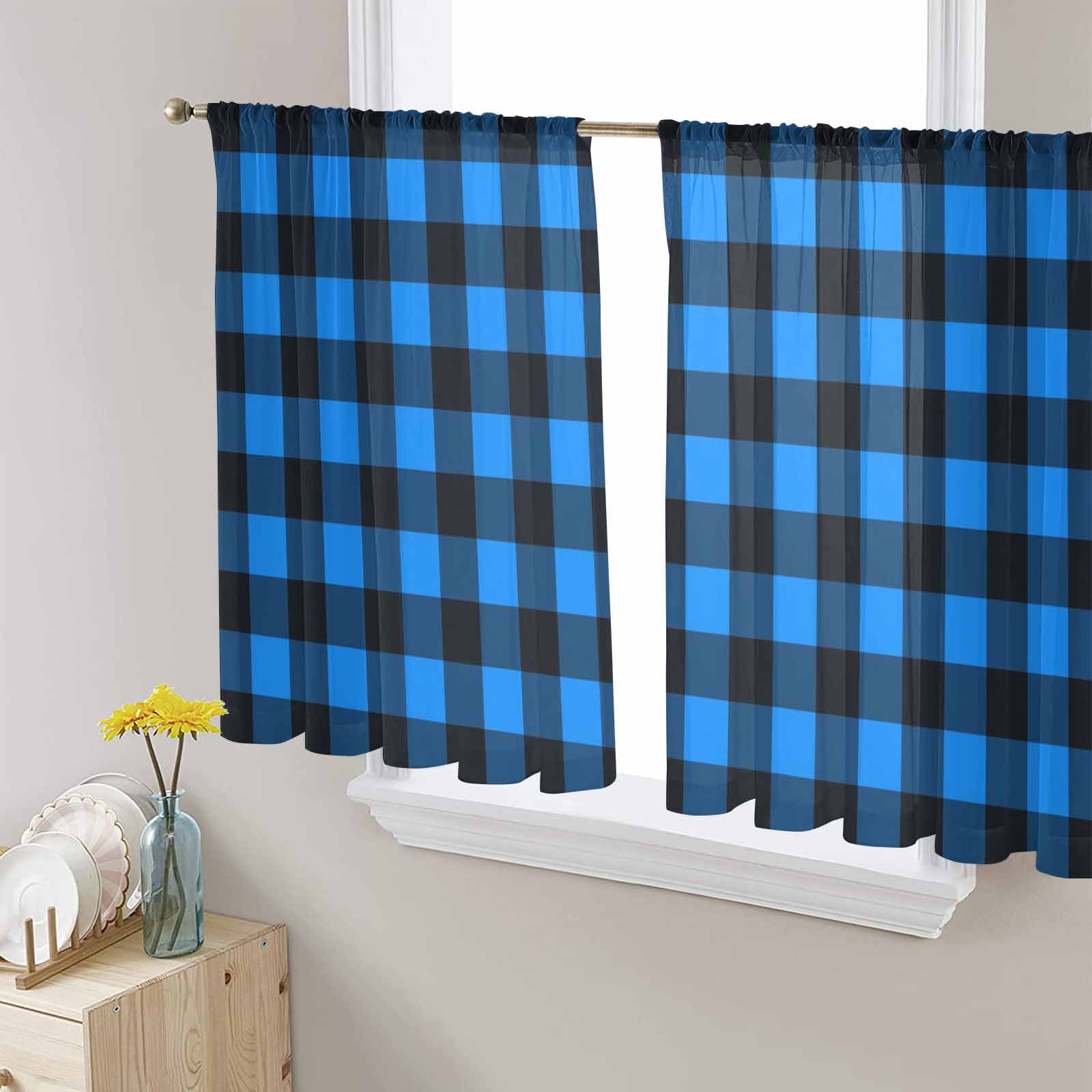 Black Blue Plaid Semi Sheer Curtains 45 Inch Length 2 Panels Set ...