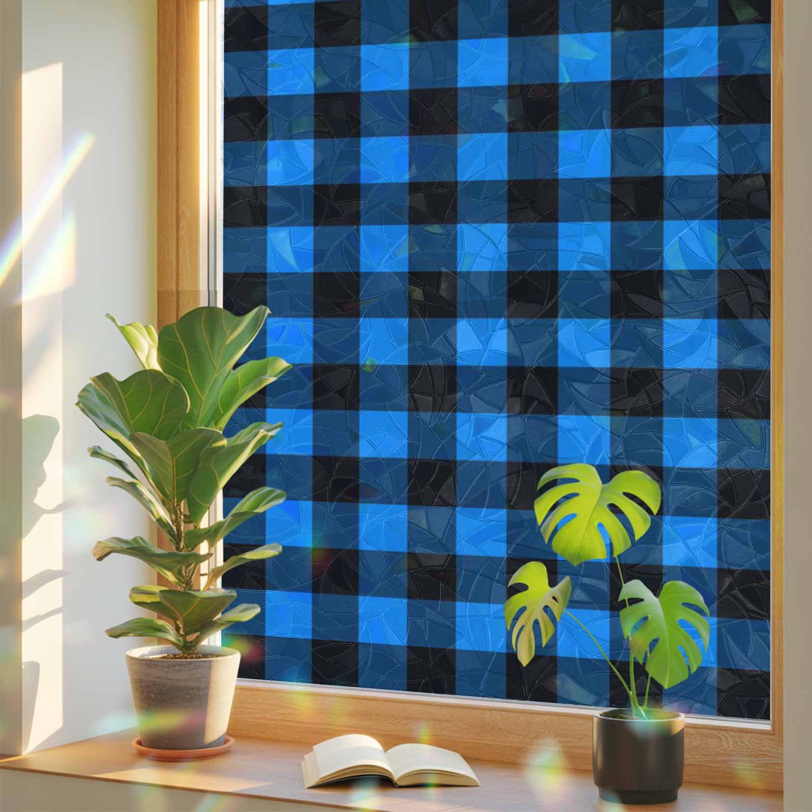 Black Blue Plaid Window Privacy Film Rainbow Static Cling Stain Glass ...