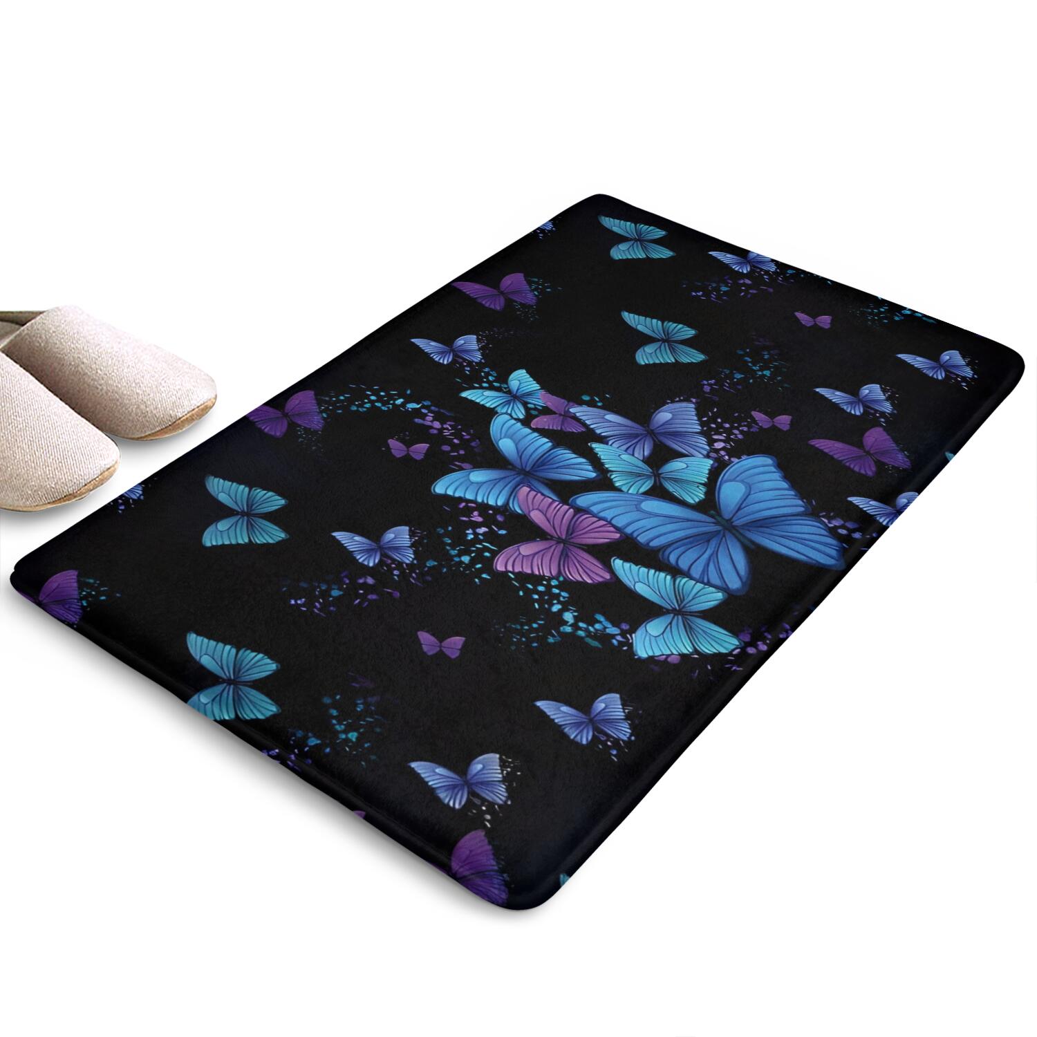 Black Blue Purple Butterfly Flannel Non Slip Door Rugs,Washable Door ...