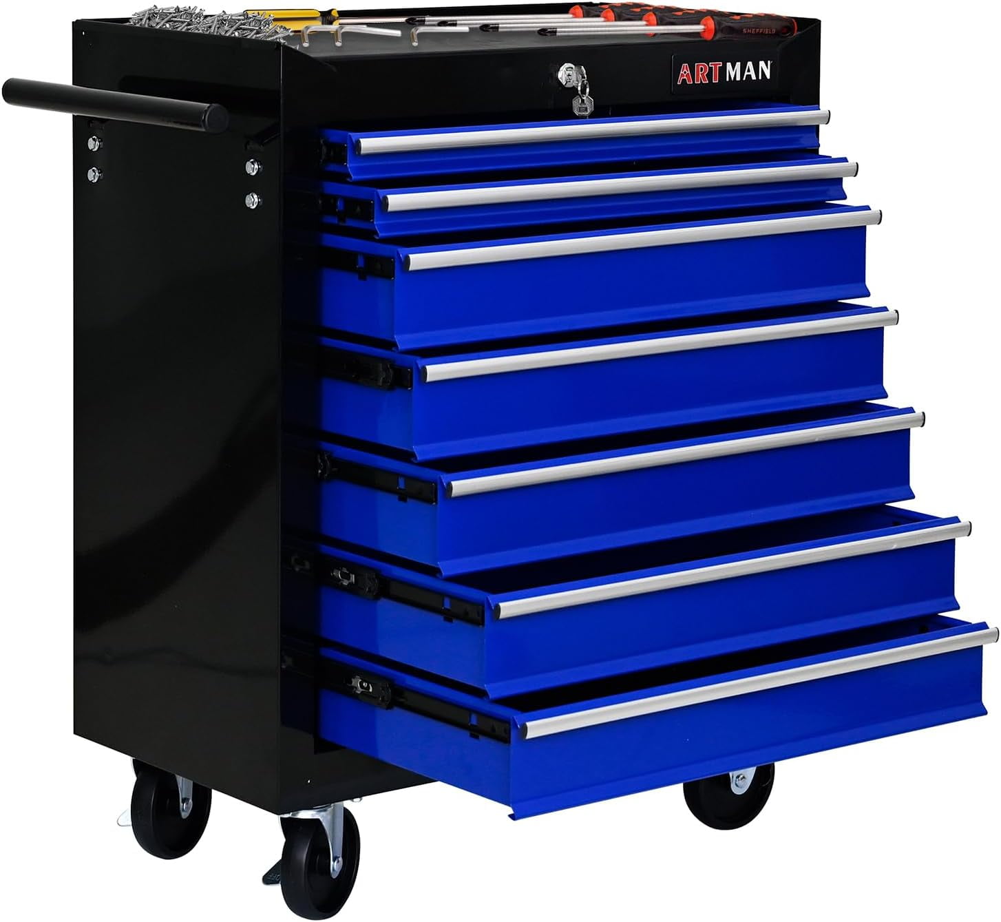 Black+Blue Rolling Tool Chest with 7 Lockable Wheels - Mechanic Tool Storage Organizer Trolley ...