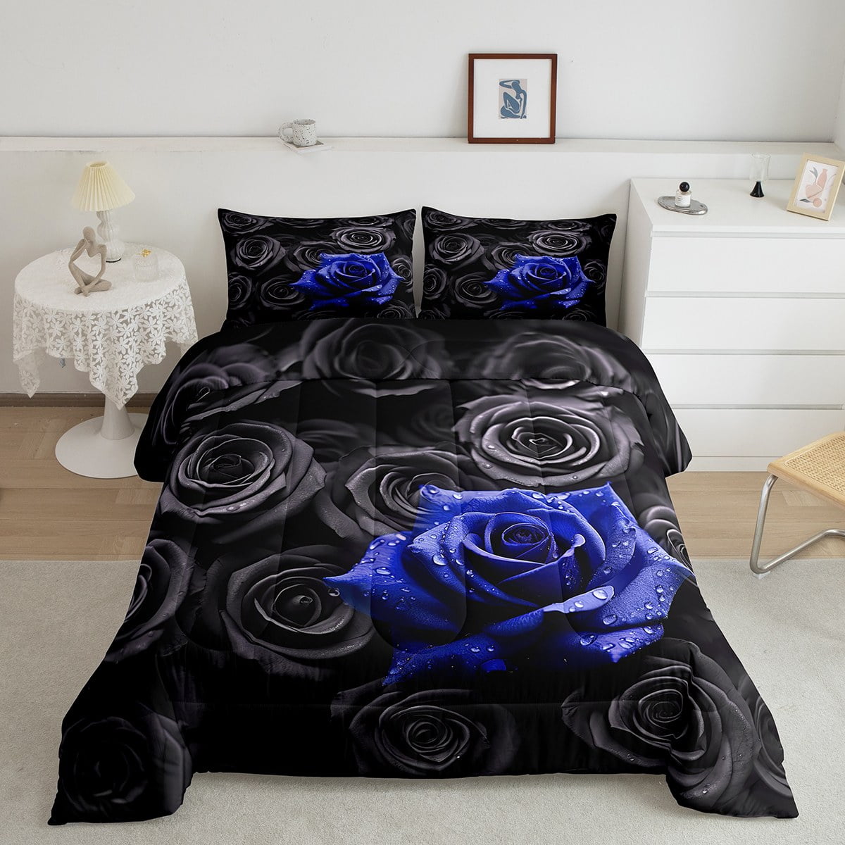 Black and Blue Rose Comforter Set King Romantic Flowers Bedding Set,3D ...