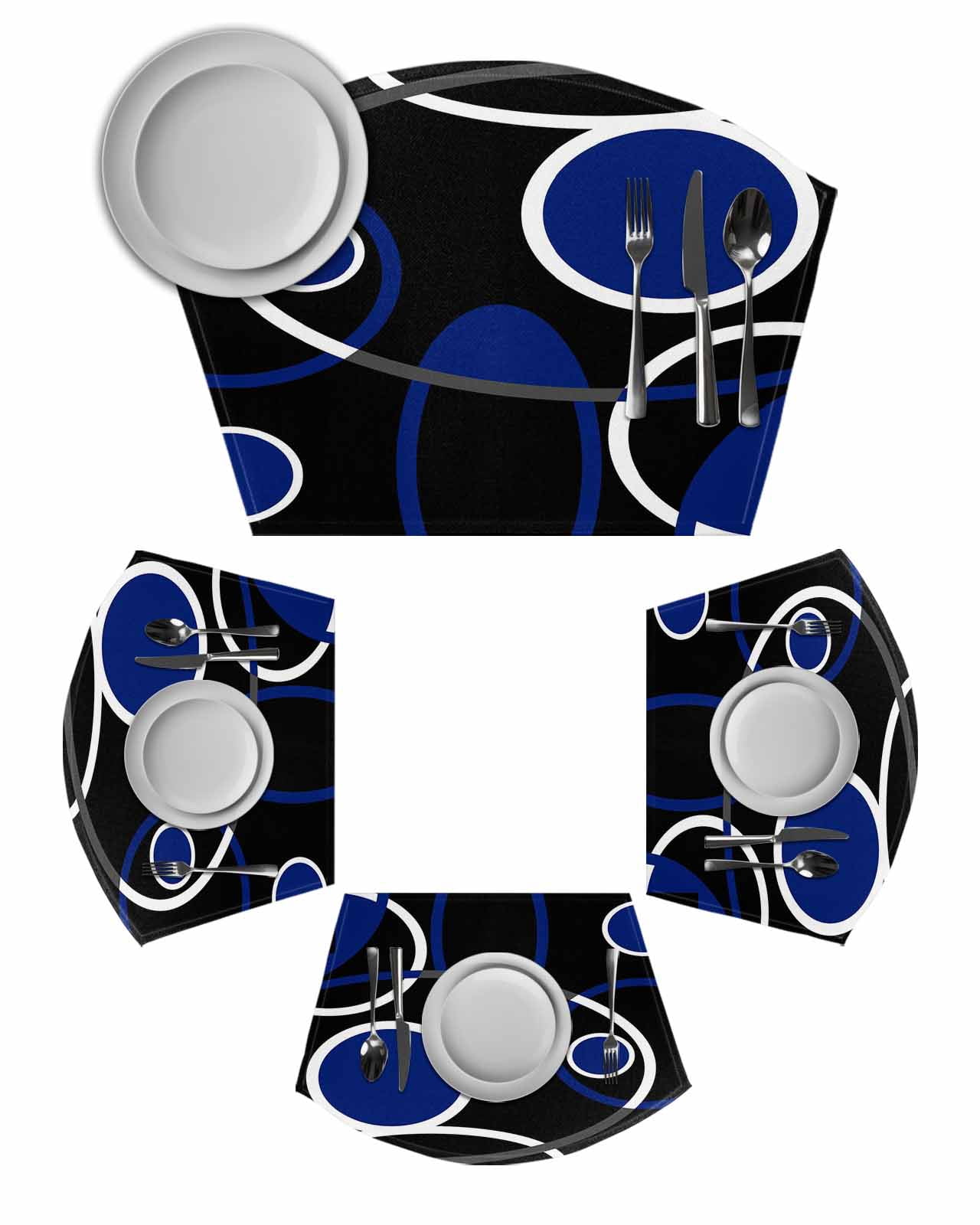 Black Blue Round Placemats Set of 2, White Circle Geometric Abstract ...