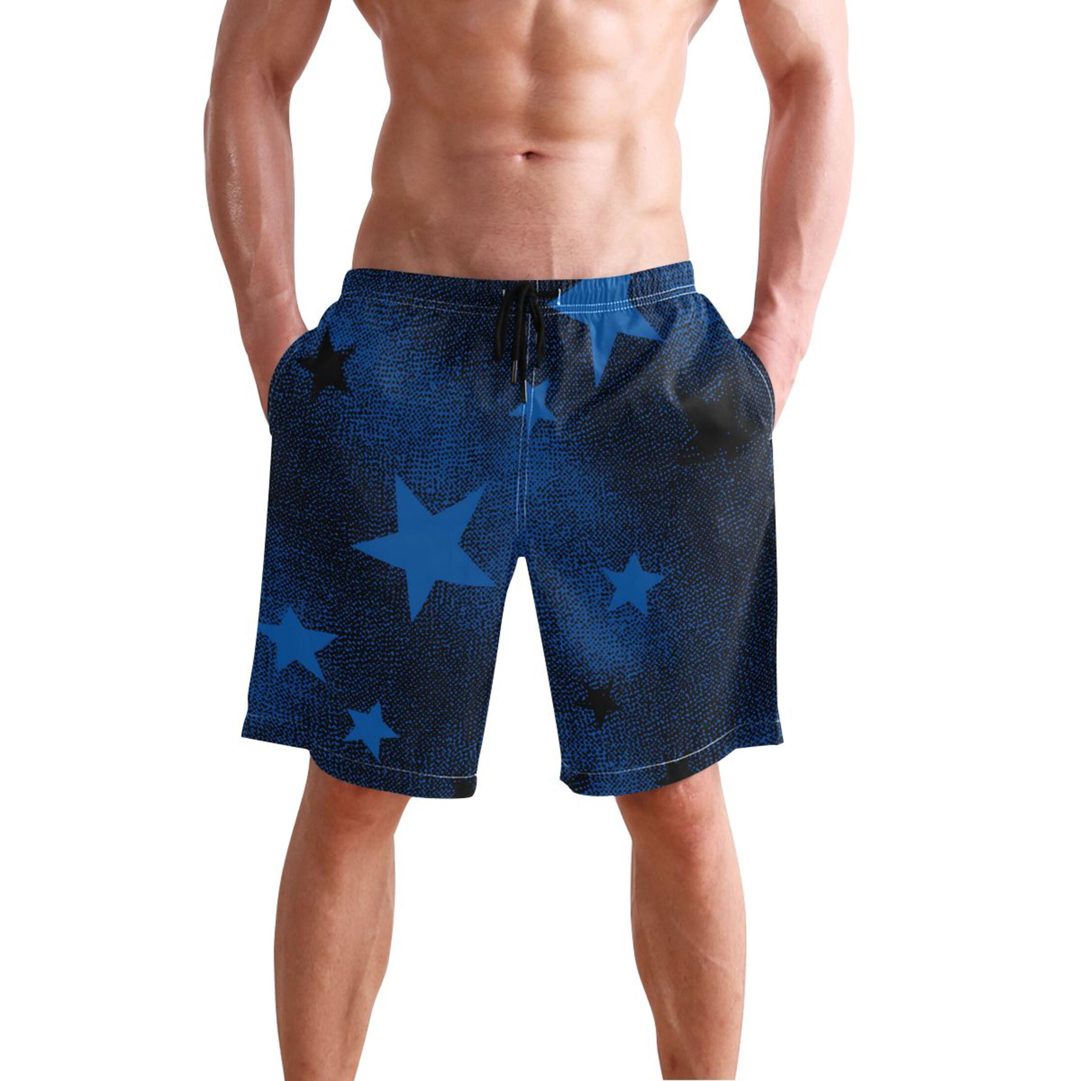 Black Blue Stars on Dark Background Men's Swim Trunks Beach Shorts ...