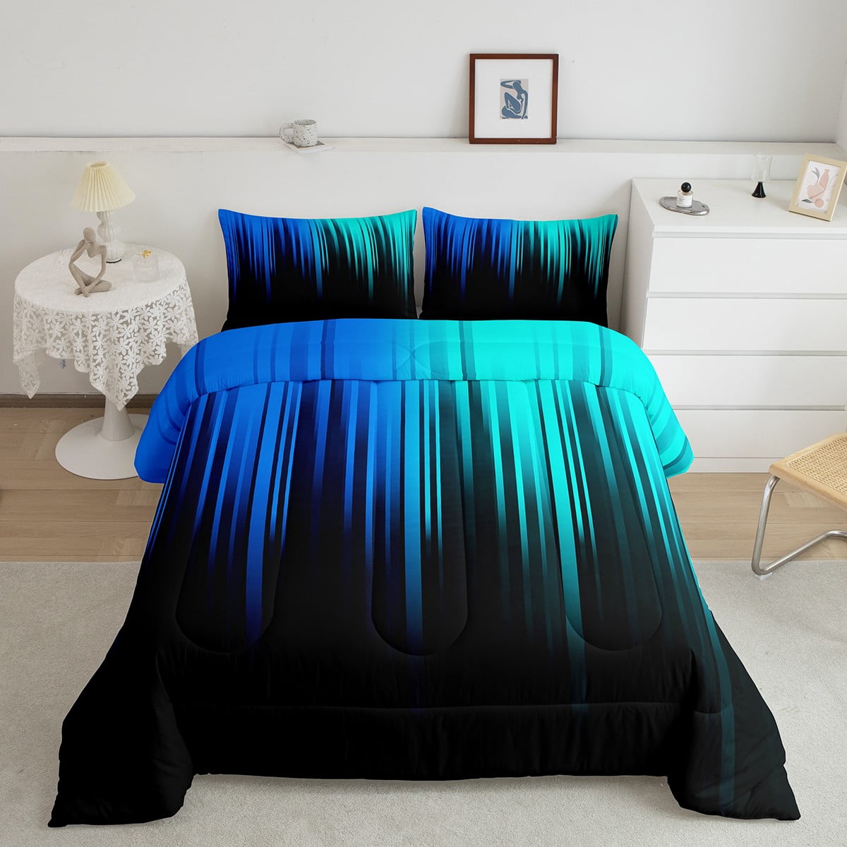 Black Blue Teal Comforter Set Stripes Lines Abstract Gradient Bedding ...