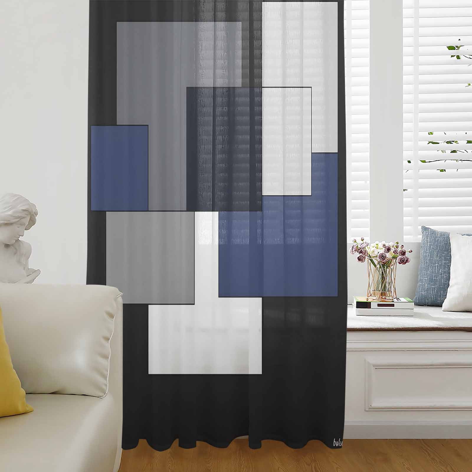 Black Blue White Semi Sheer Curtains Drapes for Living Room, Bedroom ...