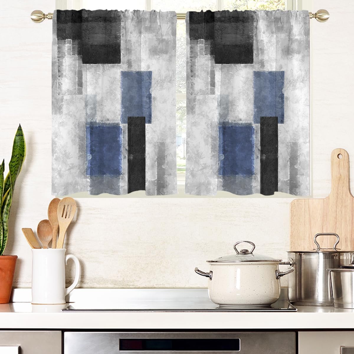 Black Blue Window Curtains for Kitchen Gray Navy White Abstract Geometric Aesthetic Small Short ...