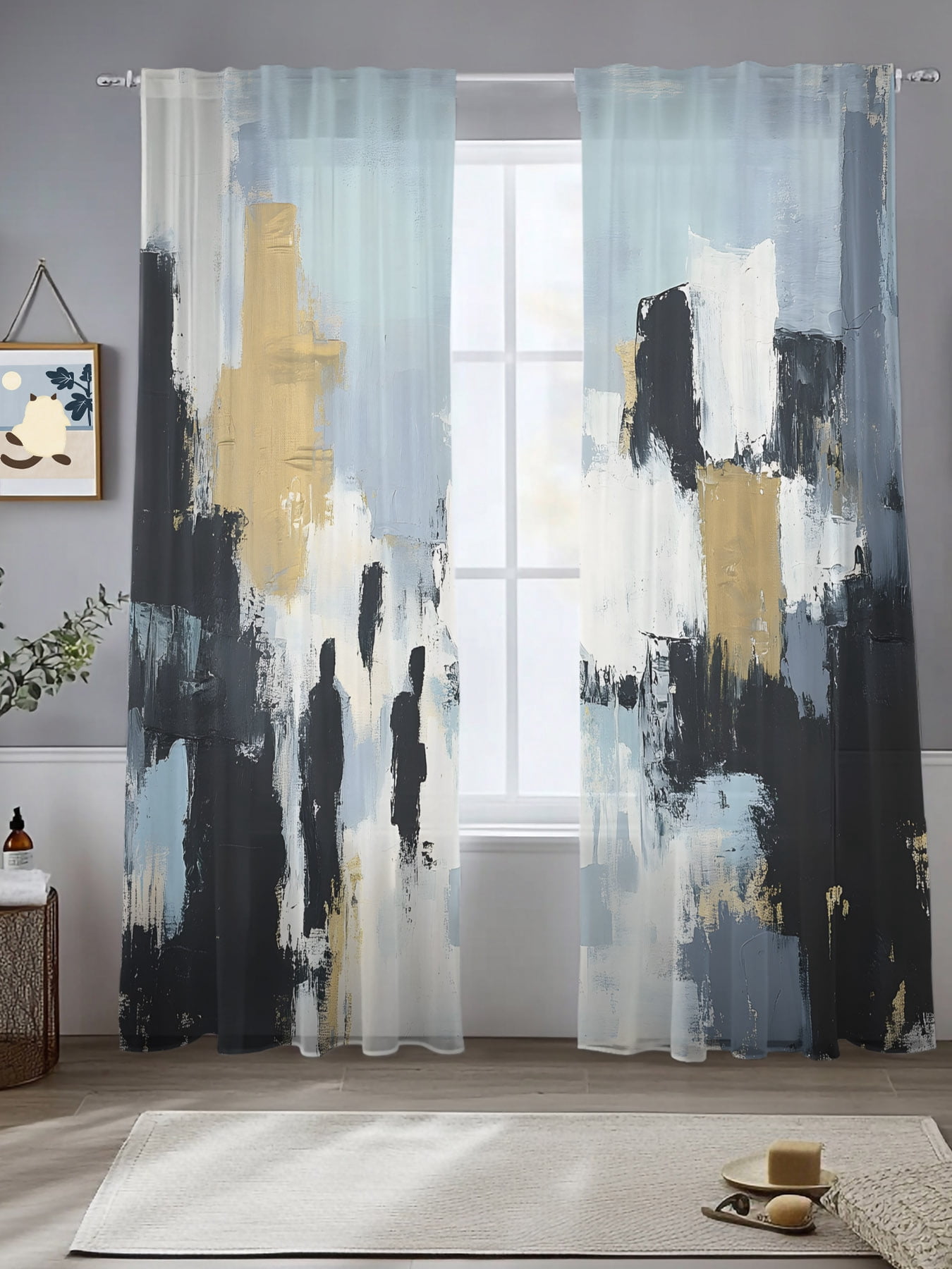 Black Blue Yellow Color Block Chiffon Sheer Curtains 84 Inches Long ...