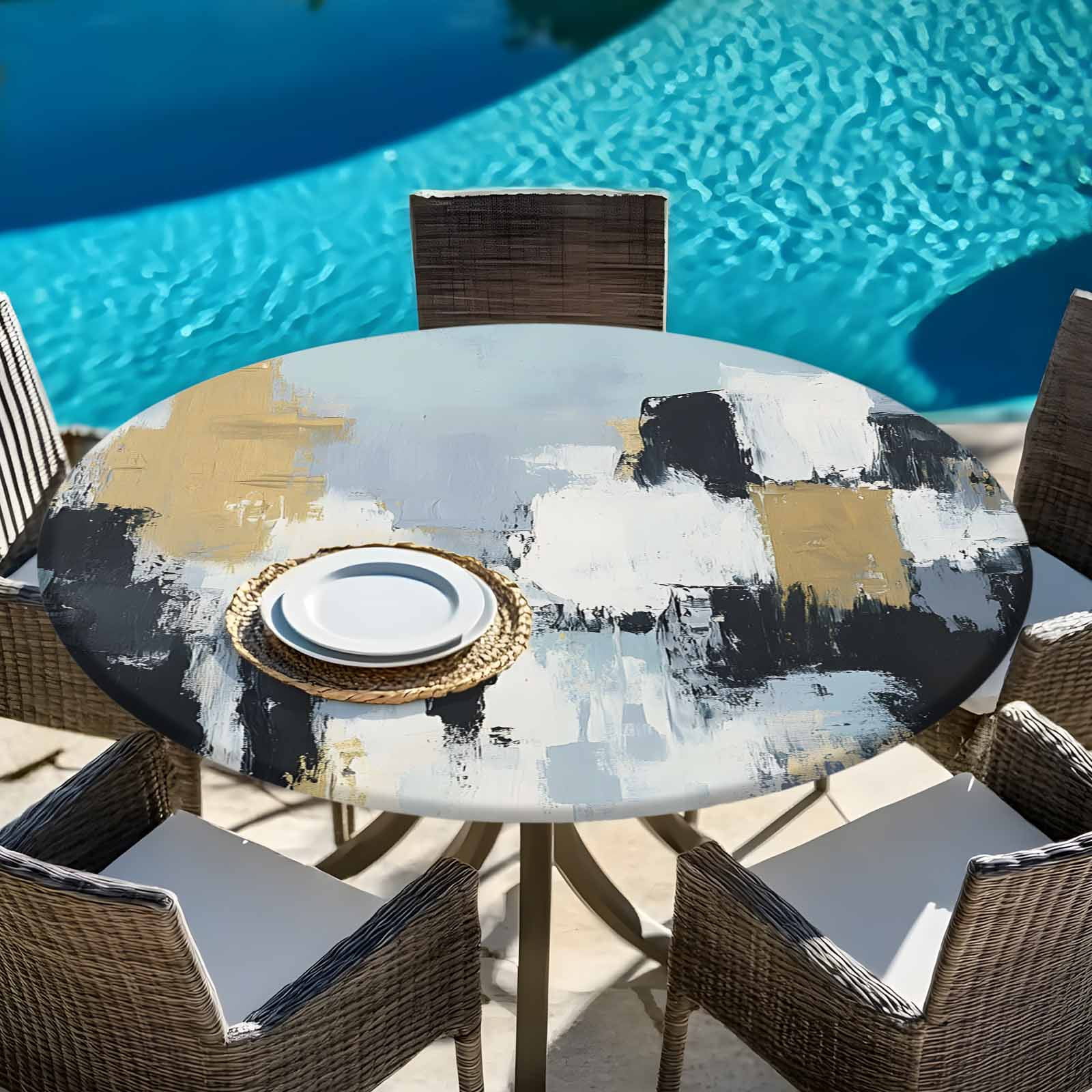 Black Blue Yellow Color Block Round Fitted Tablecloth with Elastic Edge ...