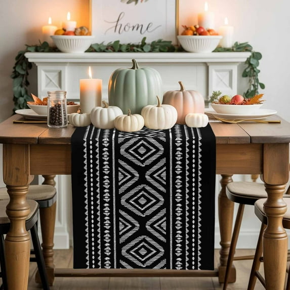 Black Bohemian Cotton Linen Table Runner, Washable Table Runners for ...